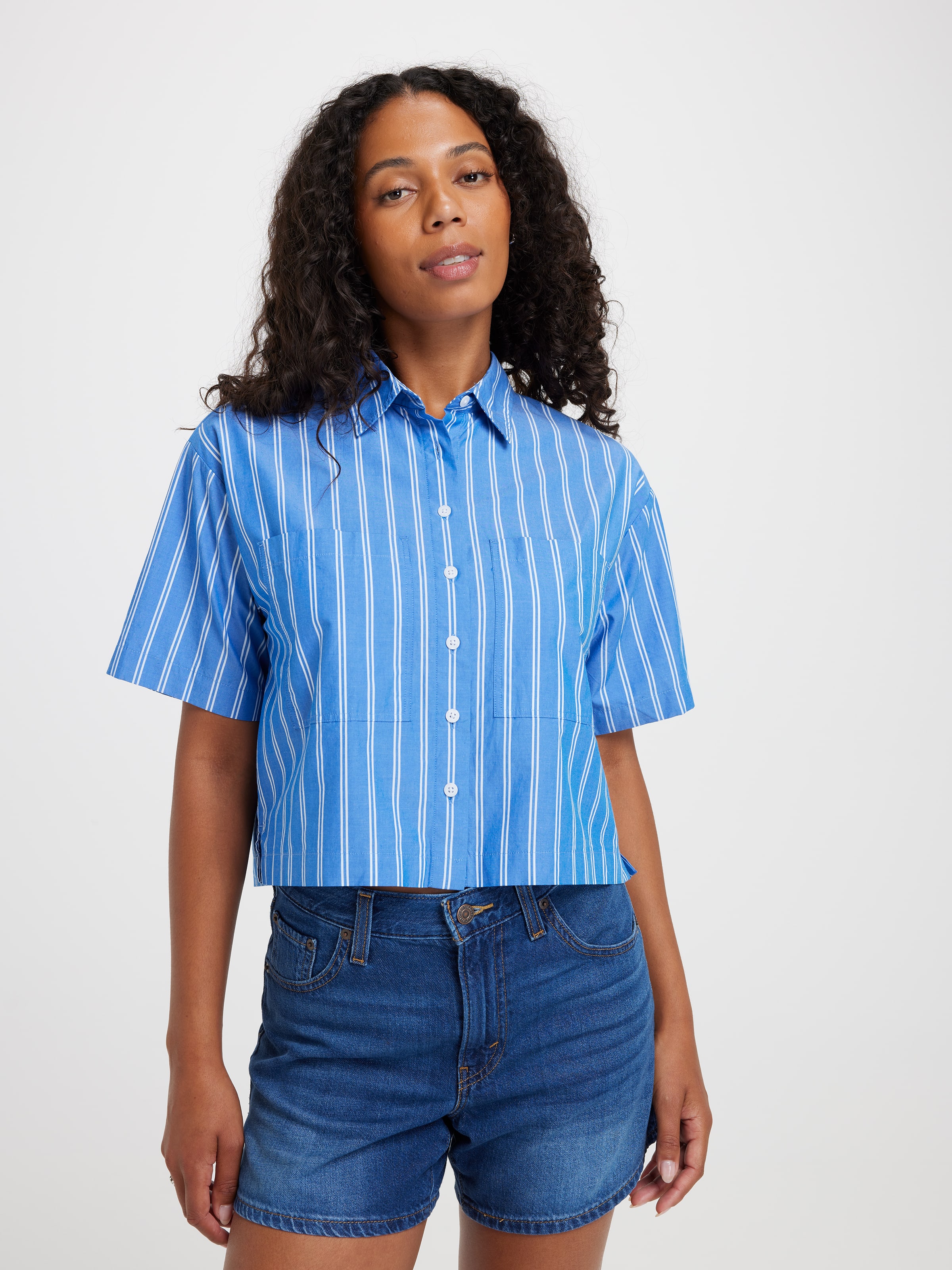 Harlie Cropped Shirt In Double Dutch Stripe Nautical Blue - Just Jeans ...
