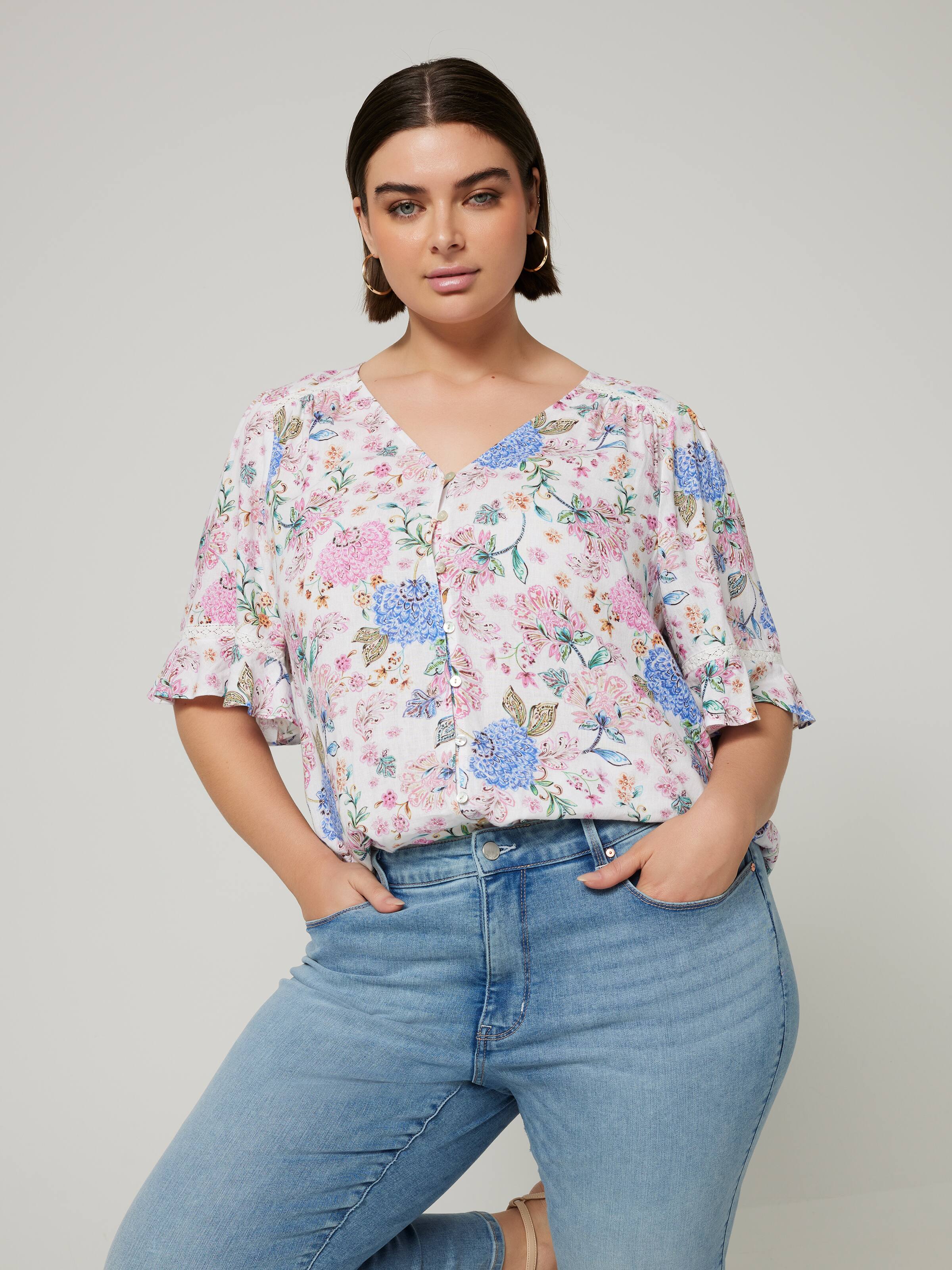 Curve Daisy V Neck Button Thru Top Flower Wonder - Just Jeans Online