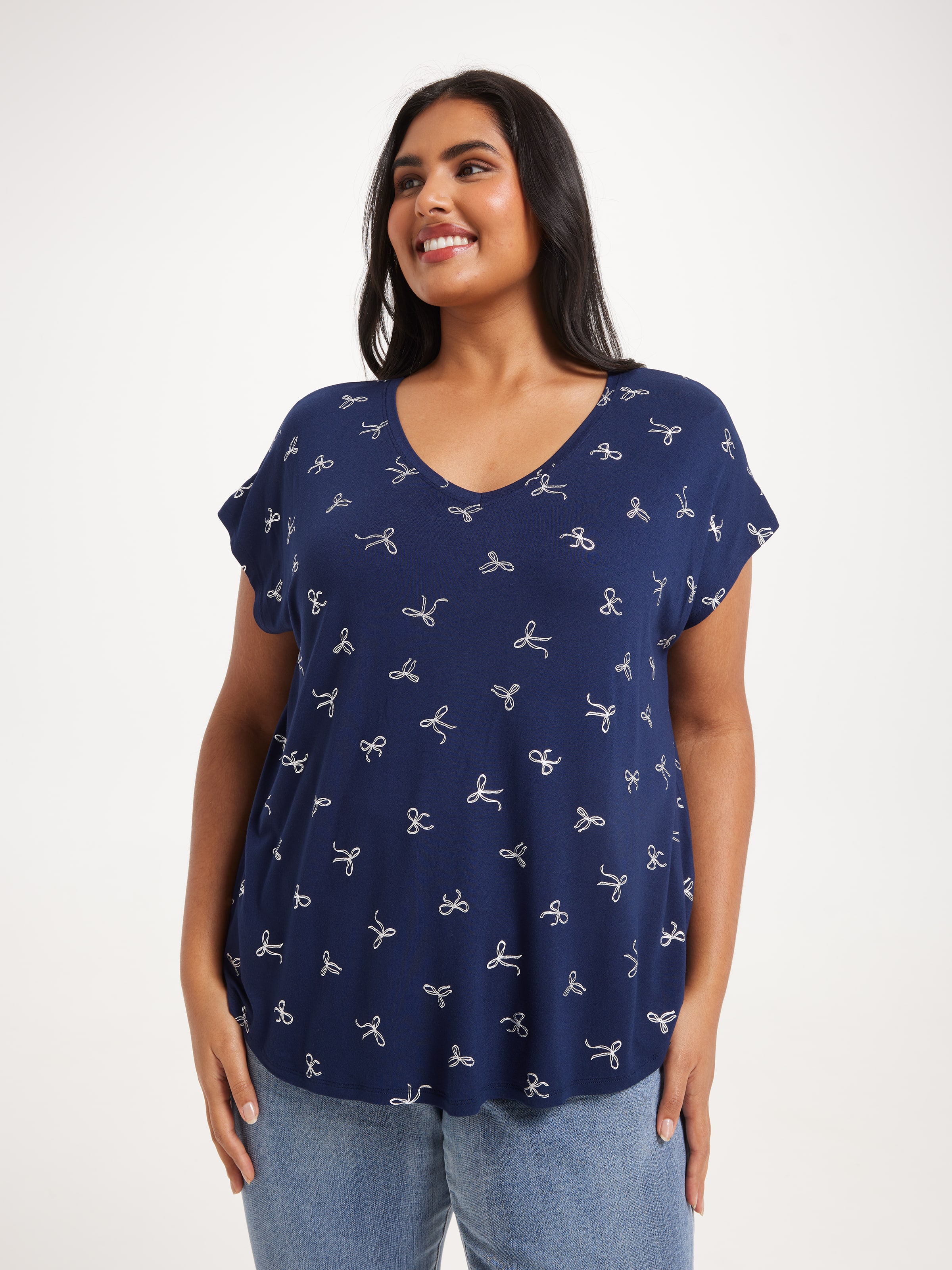 Curve Luxe V Neck Tee Bow Foil Navy - Just Jeans Online