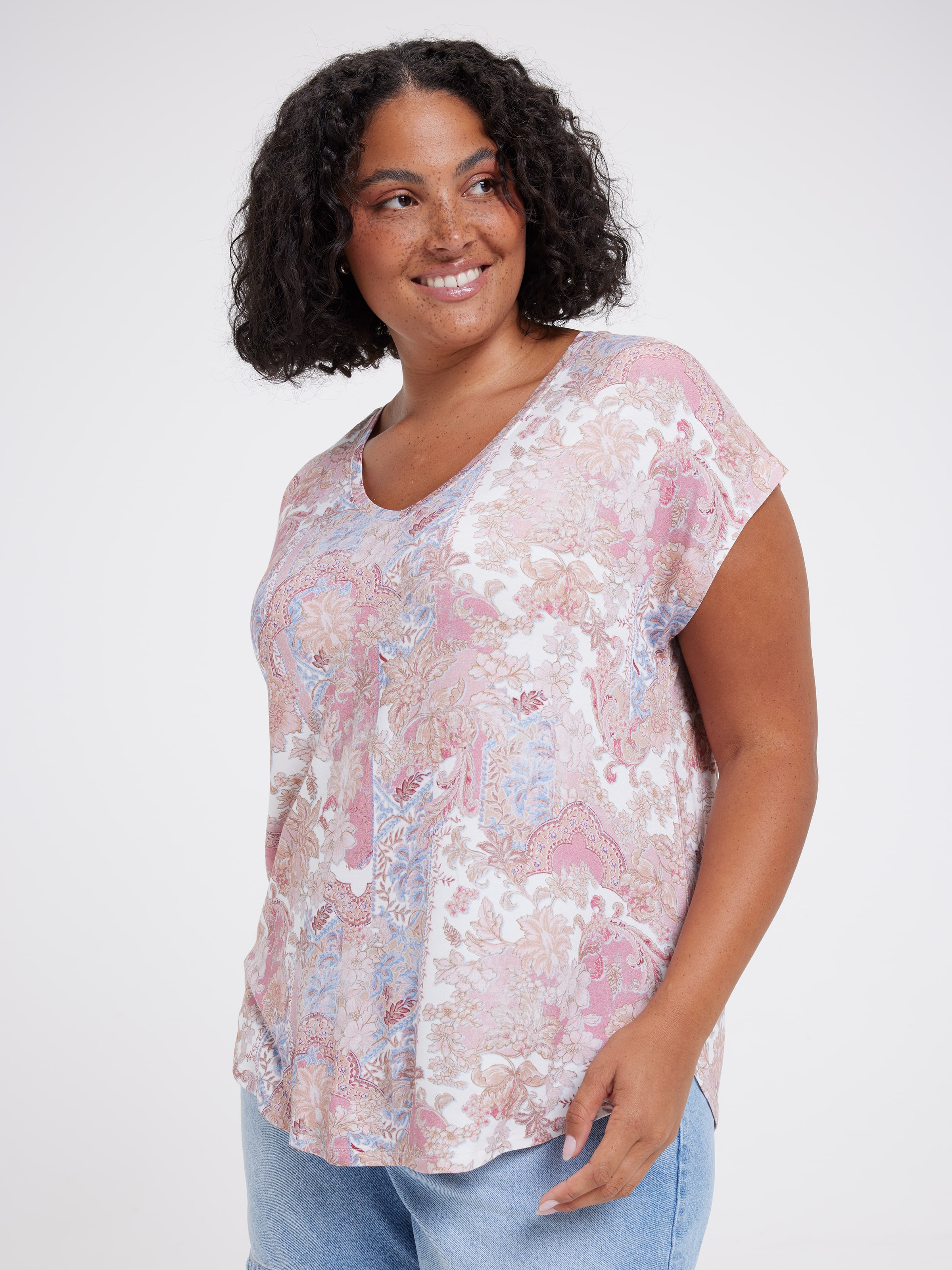 Curve Luxe V Neck Tee Opulant Vintage Floral - Just Jeans Online