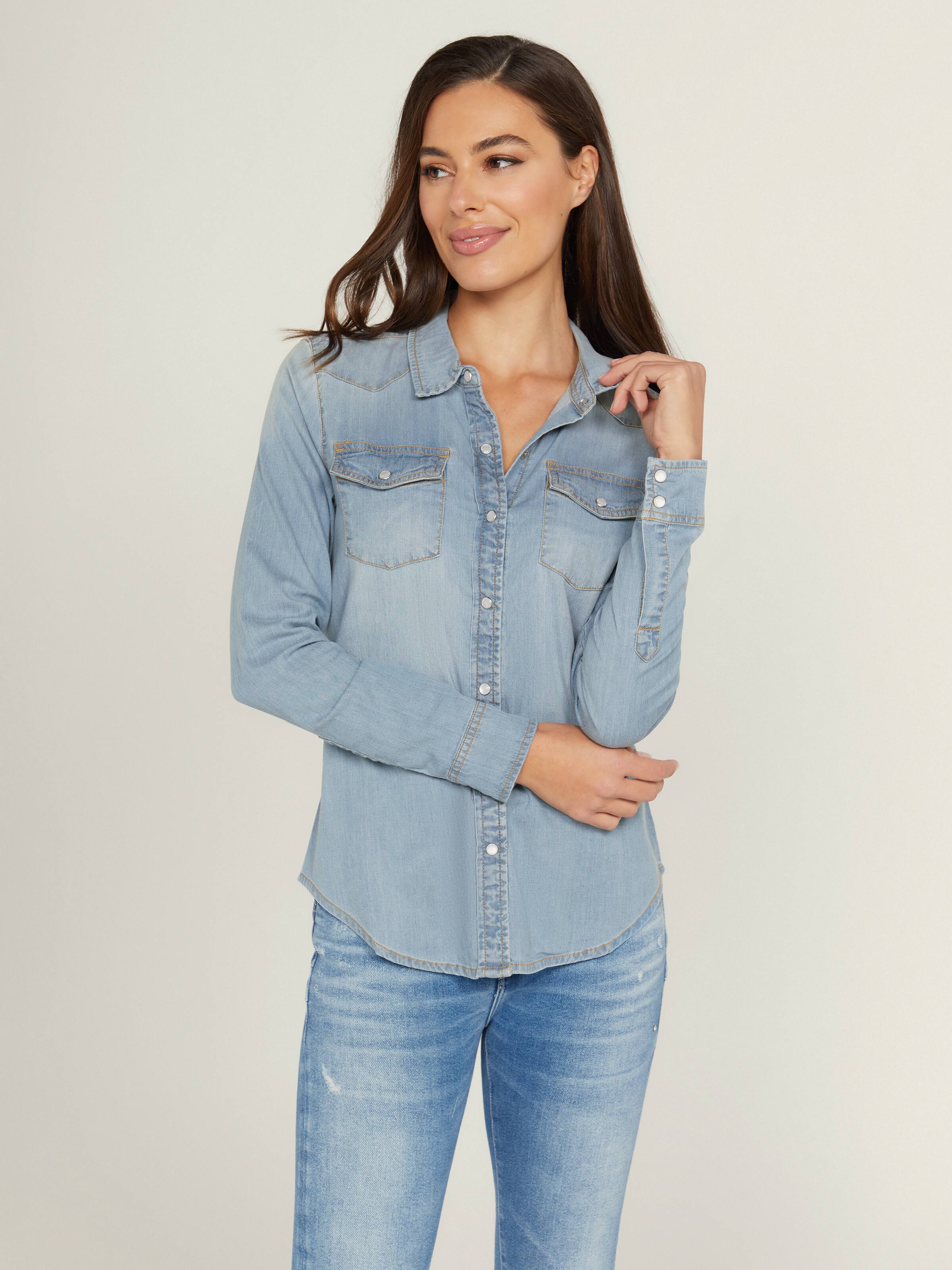 Riley Denim Shirt In Mid Tone Blue - Just Jeans Online