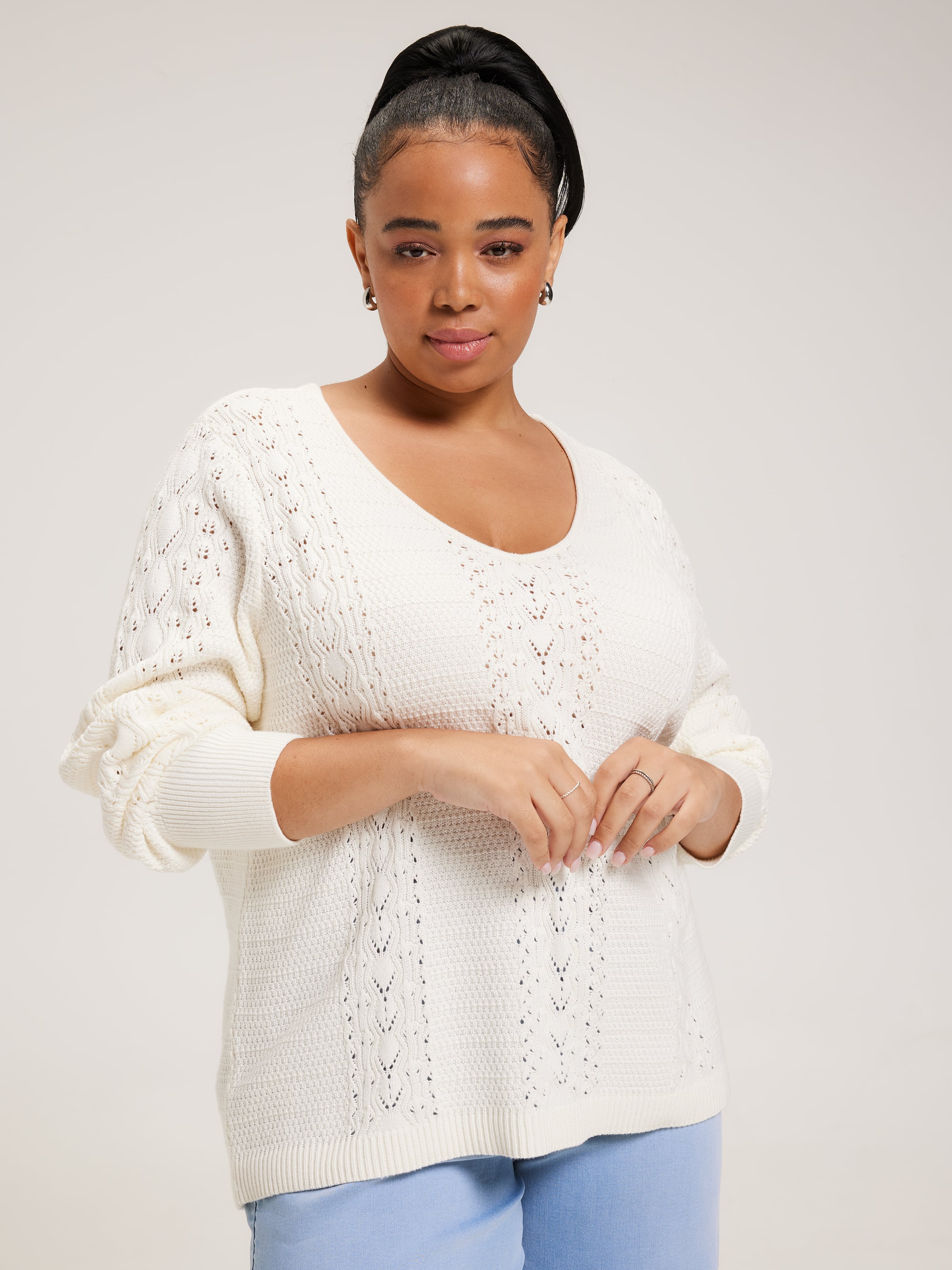 Curve Lily V Neck Pointelle Pullover Milk - Just Jeans Online