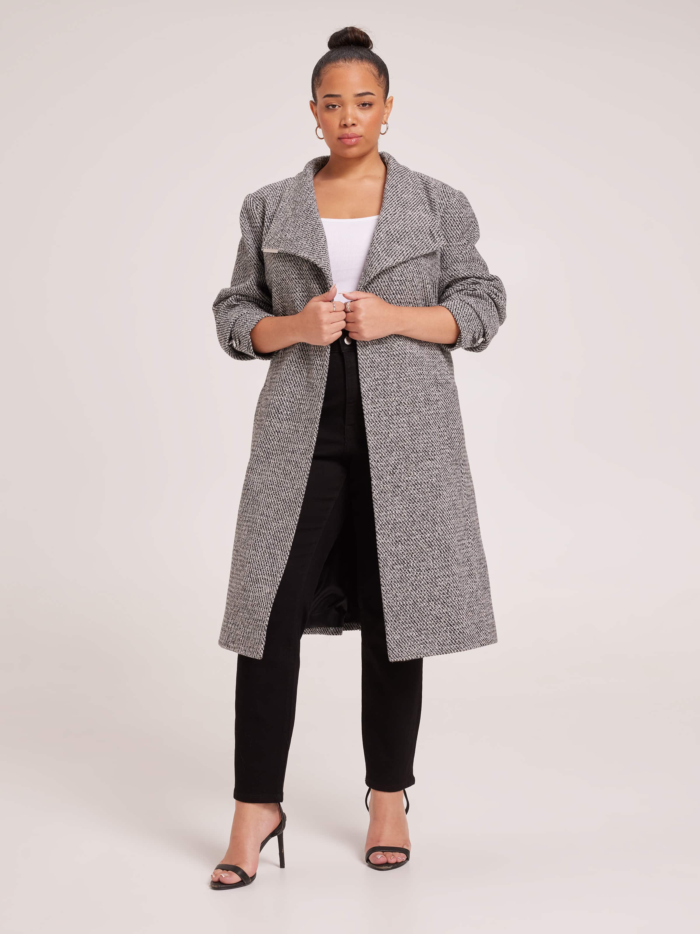 Curve Teddy Tweed Funnel Neck Coat Black Grey Tweed - Just Jeans Online