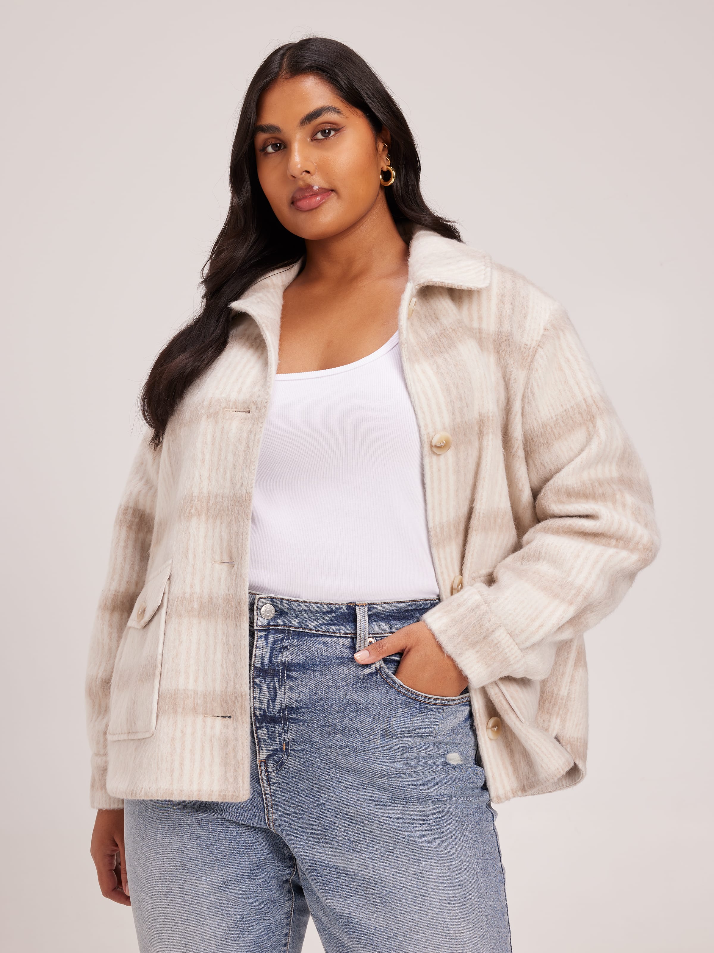 Curve Hazel Check Shacket Neutral Check - Just Jeans Online