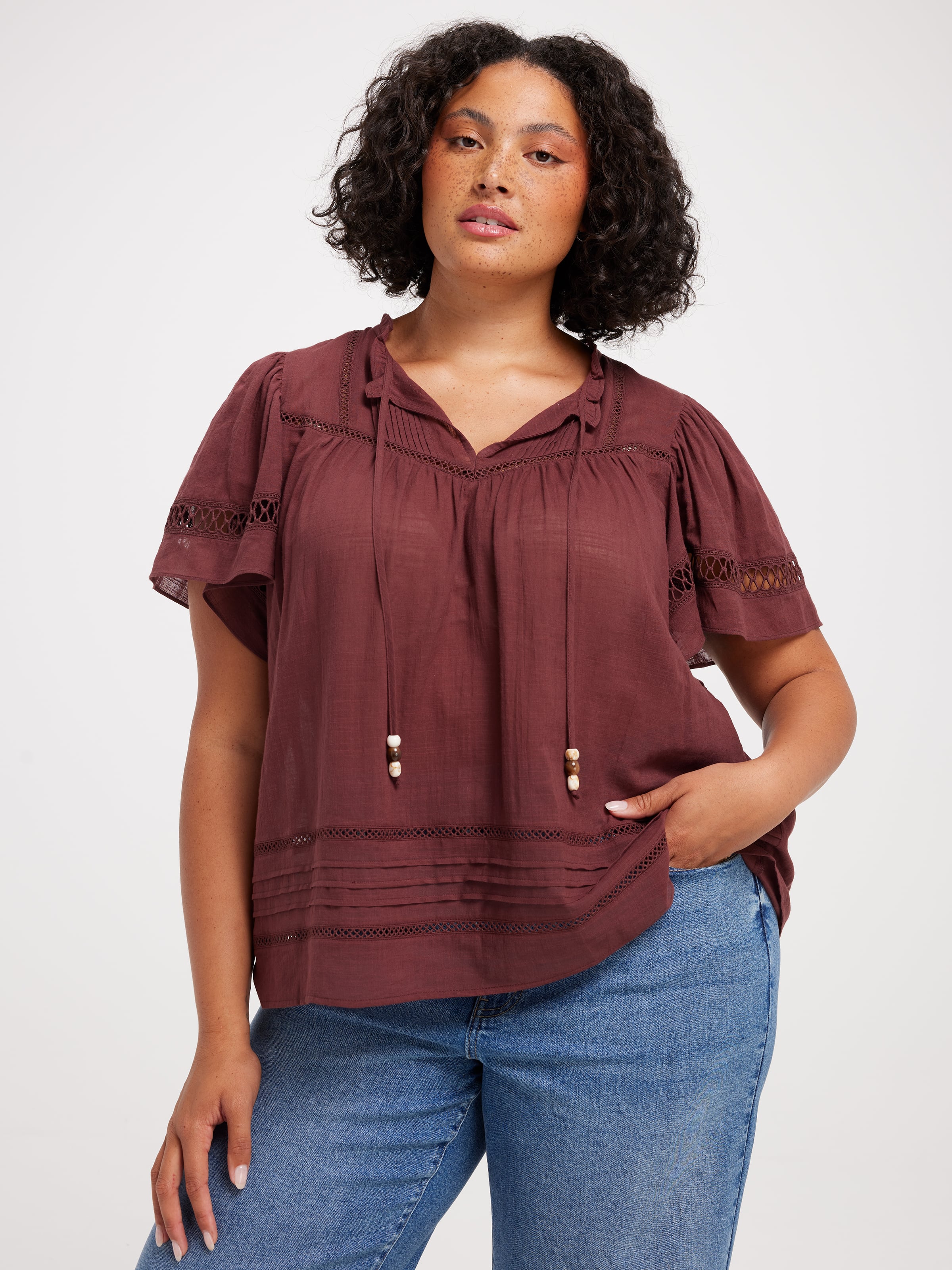 Curve Medina Lace Insert Top Truffle - Just Jeans Online