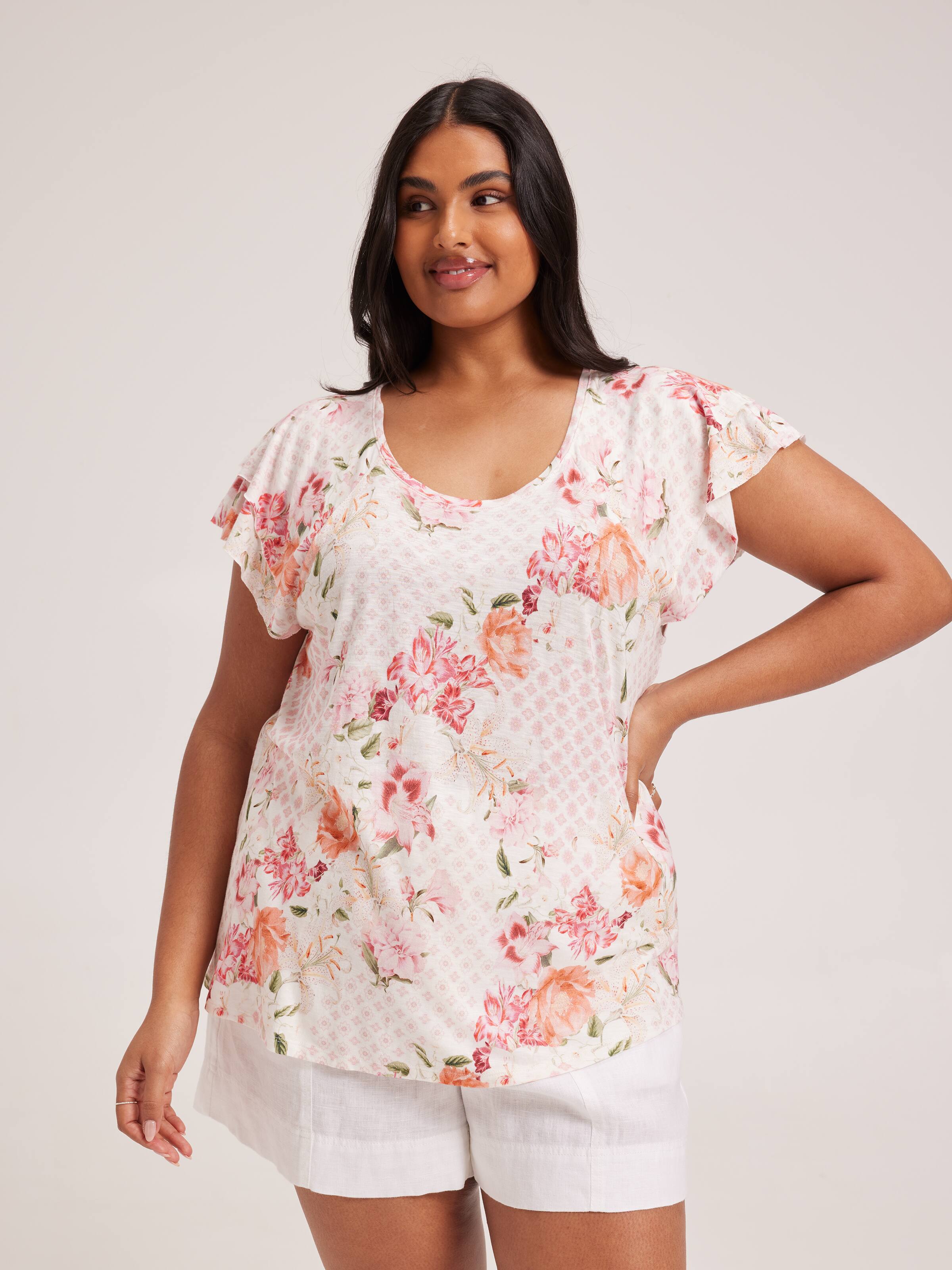 Curve Elizabeth Flutter Top Floral Print - Just Jeans Online