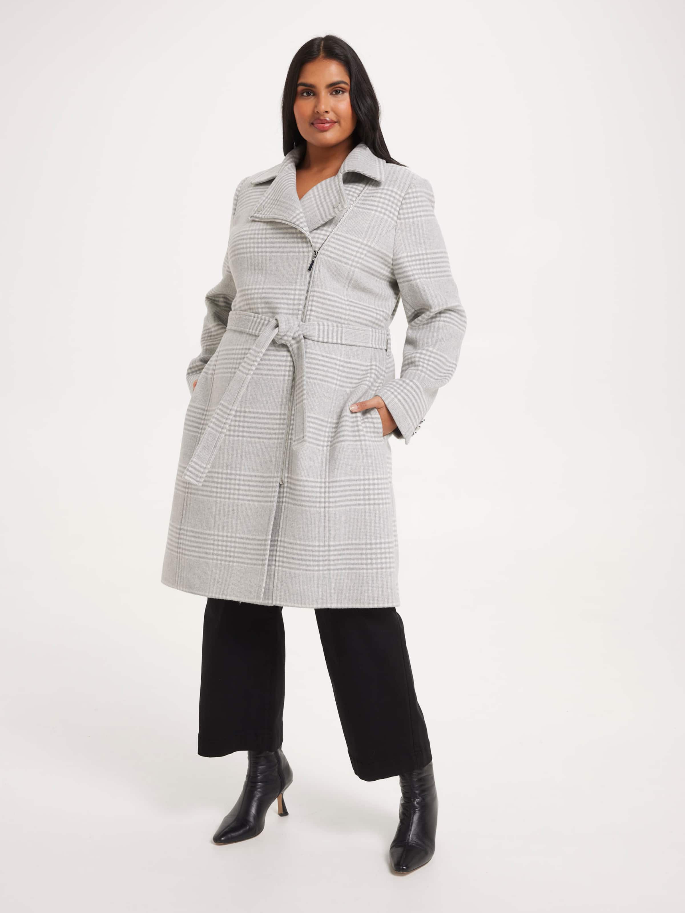 Curve Chloe Zip Check Wrap Coat - Just Jeans Online