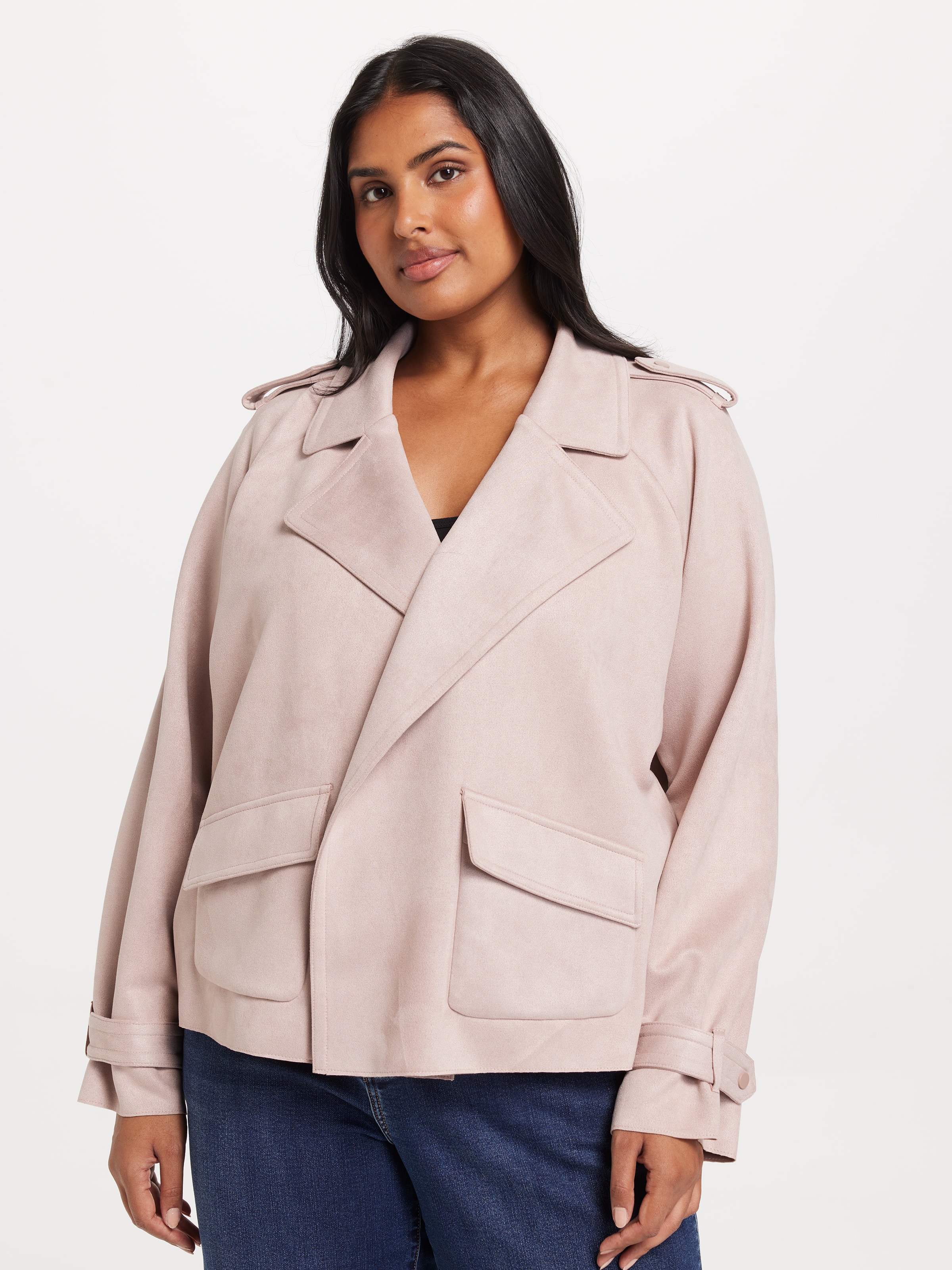 Curve Hazel Short Suedette Trench Pink - Just Jeans Online
