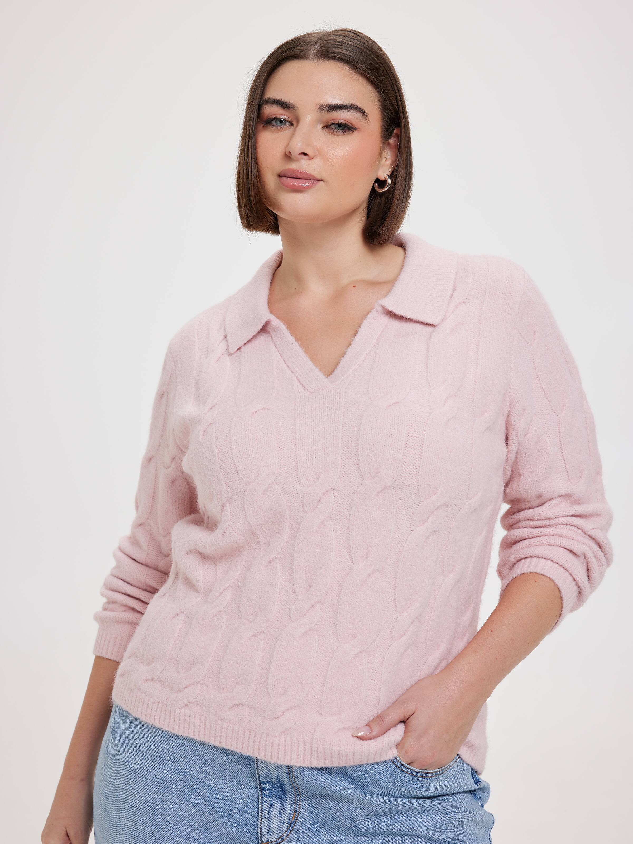 Curve Liv Cable Collared Pullover Sugar Pink - Just Jeans Online