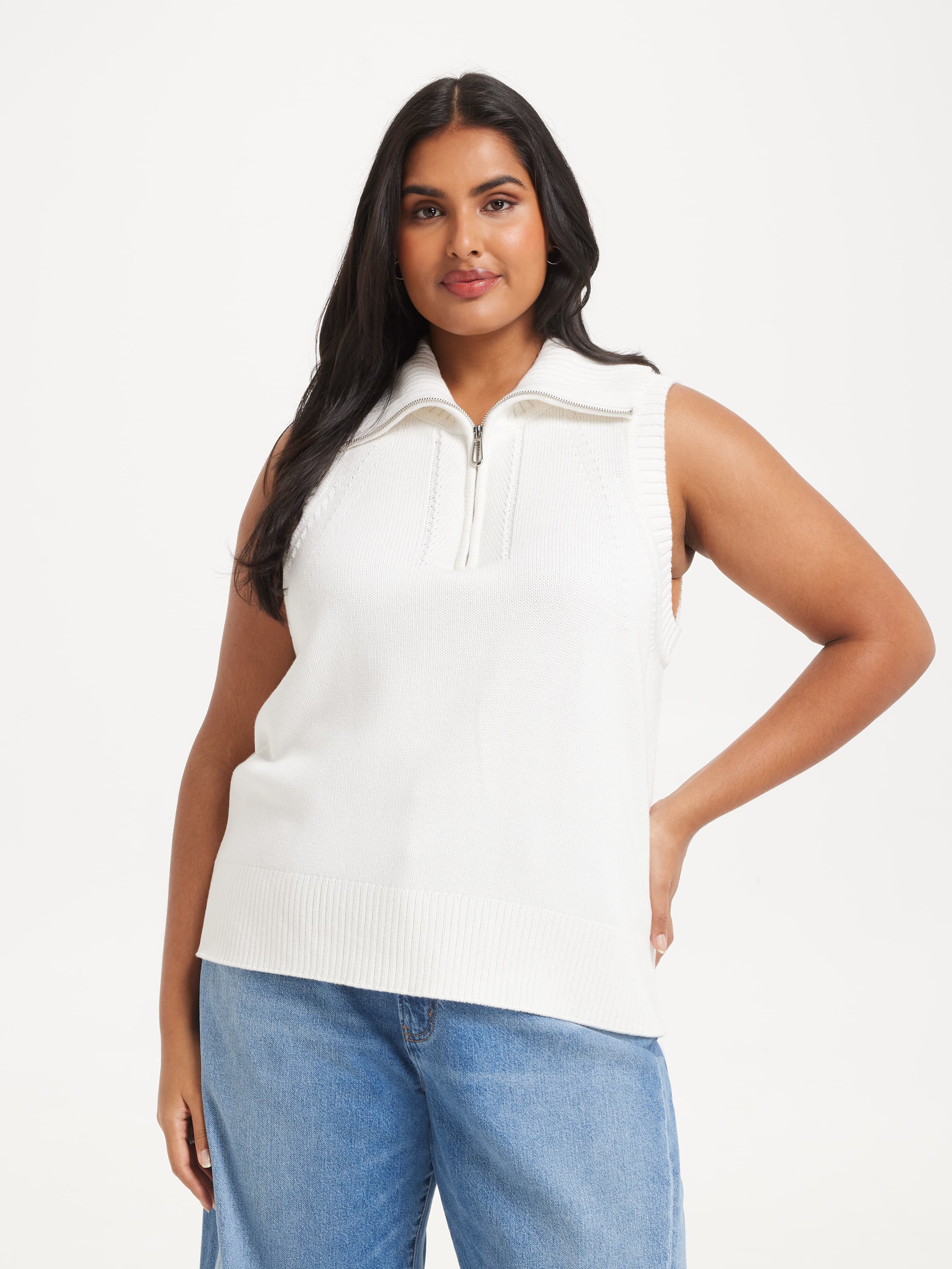 Curve Monique Zip Neck Vest Milk - Just Jeans Online