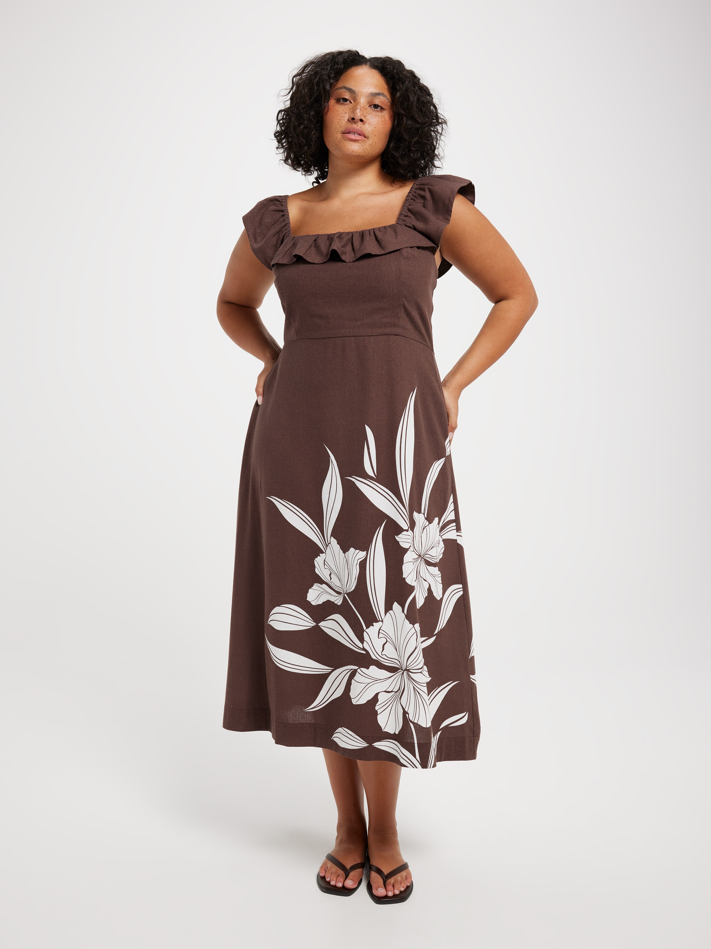 Curve Skylar Ruffled Midi Dress Choc Leaf Placement - Just Jeans Online