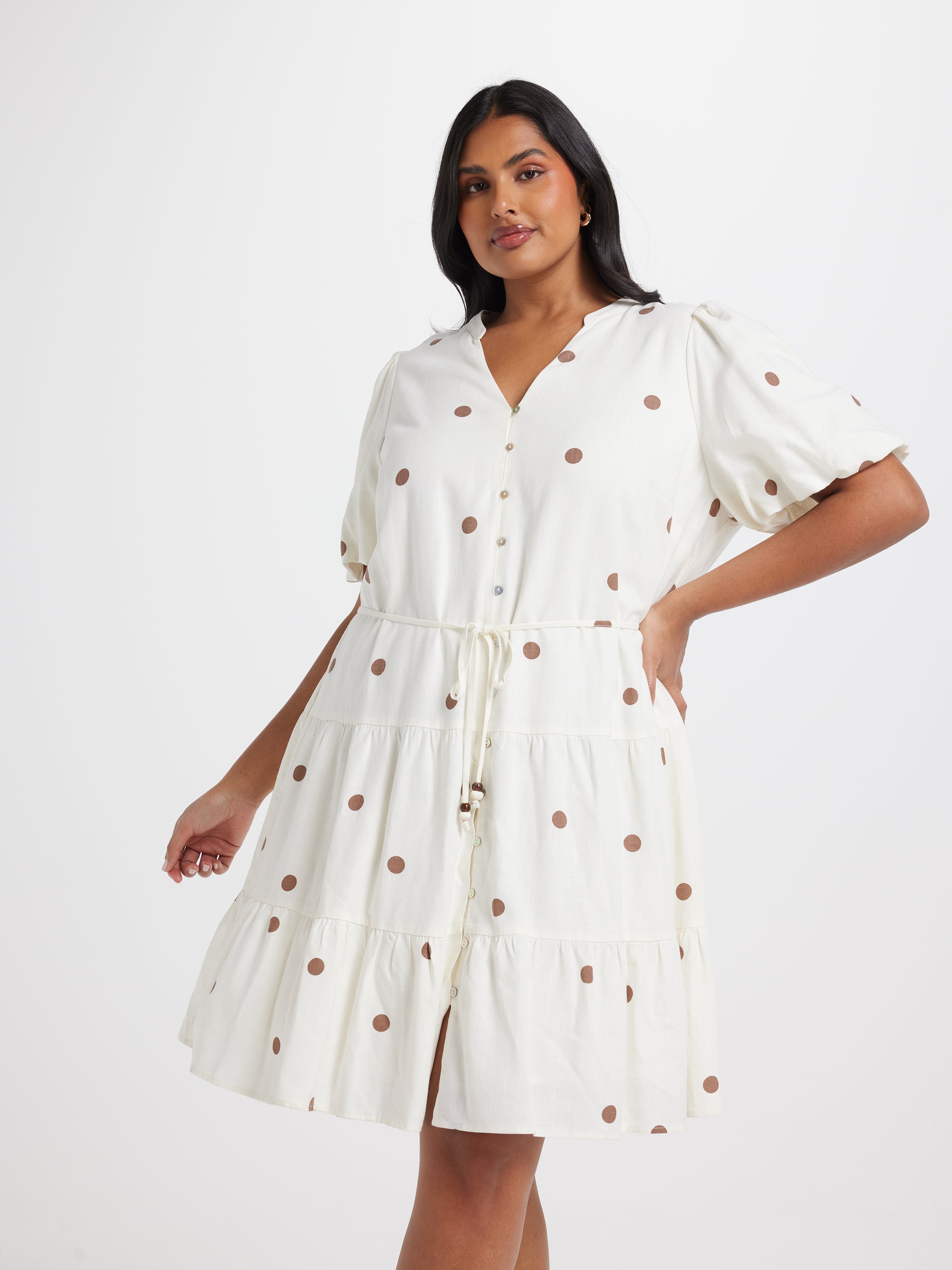 Curve Freya Puff Sleeve Shirt Dress White Choc Spot - Just Jeans Online