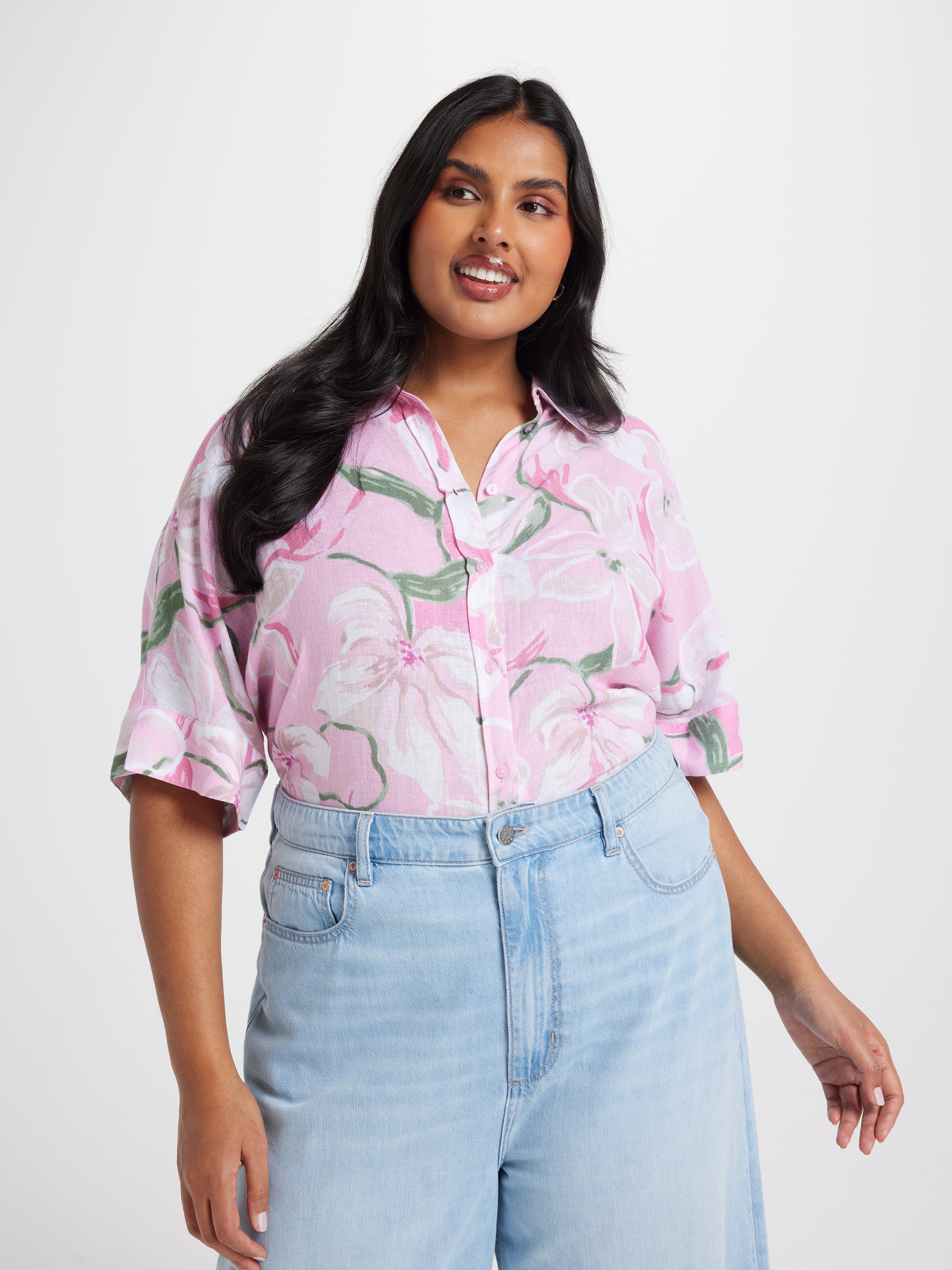Curve Leslee Short Sleeve Shirt Pink Floral - Just Jeans Online