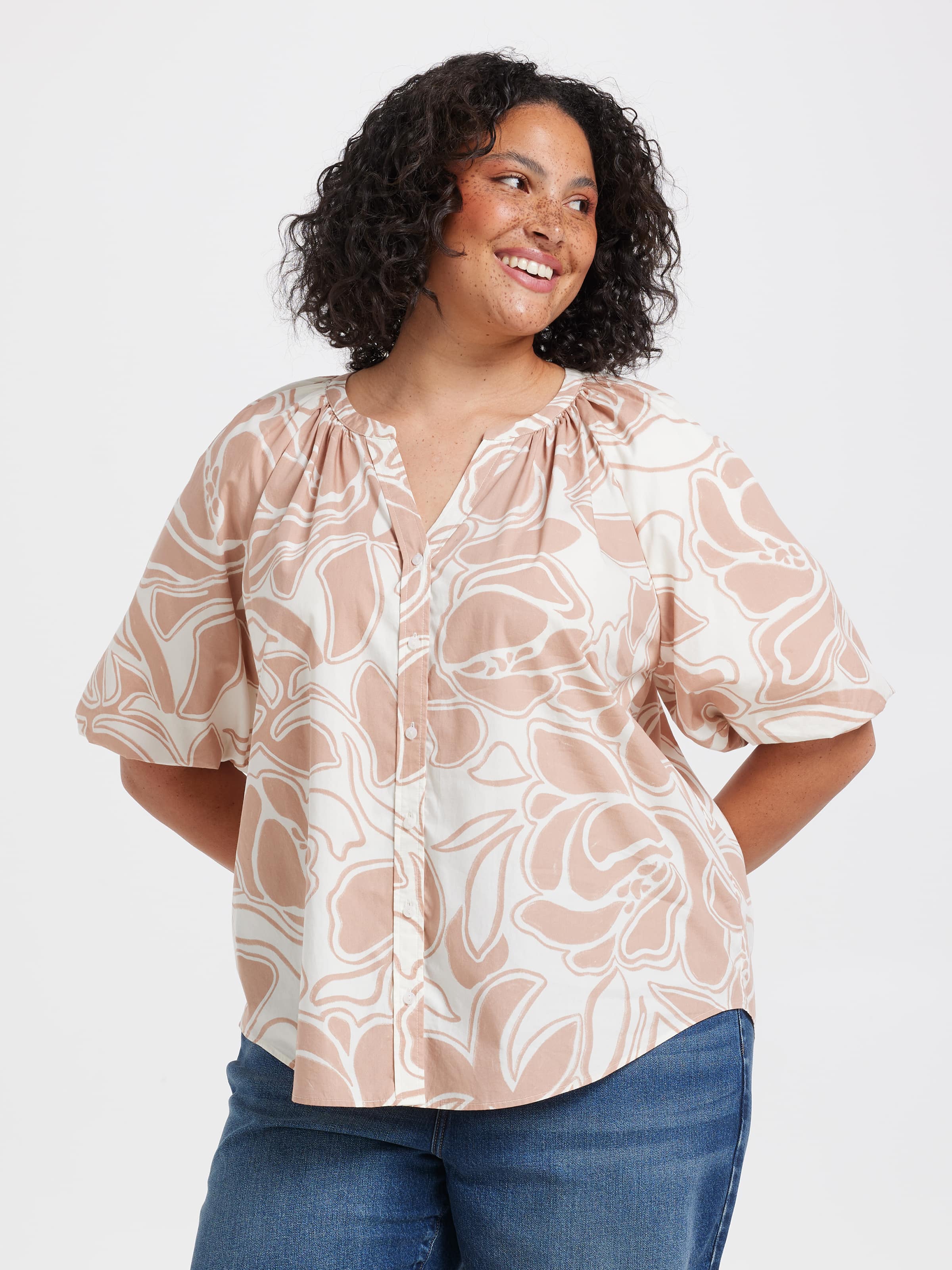 Curve Aliyah Bubble Slv Shirt Neutral Terrazzo - Just Jeans Online