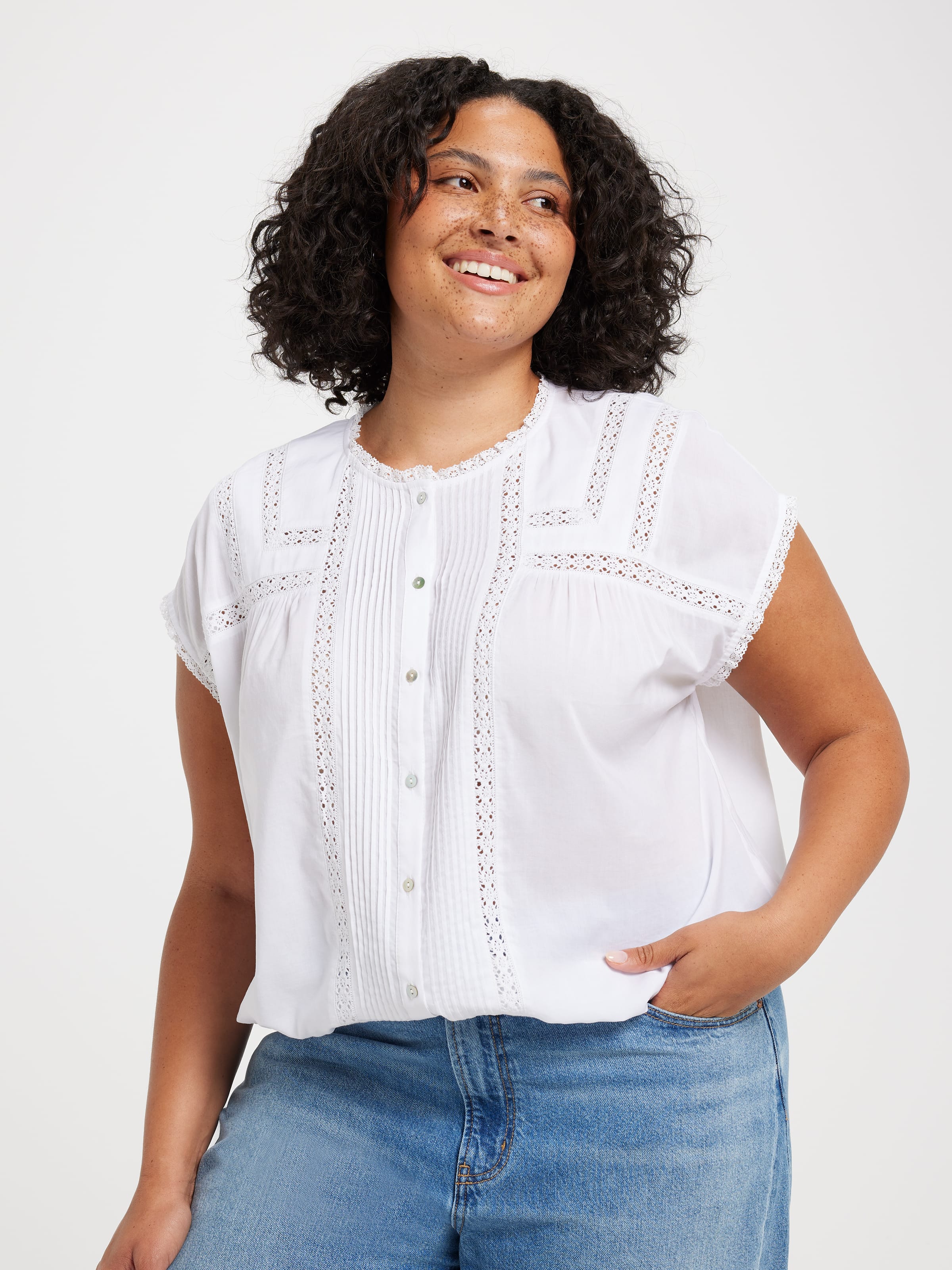 Curve Suki Lace Insert Bubblehem Top - Just Jeans Online