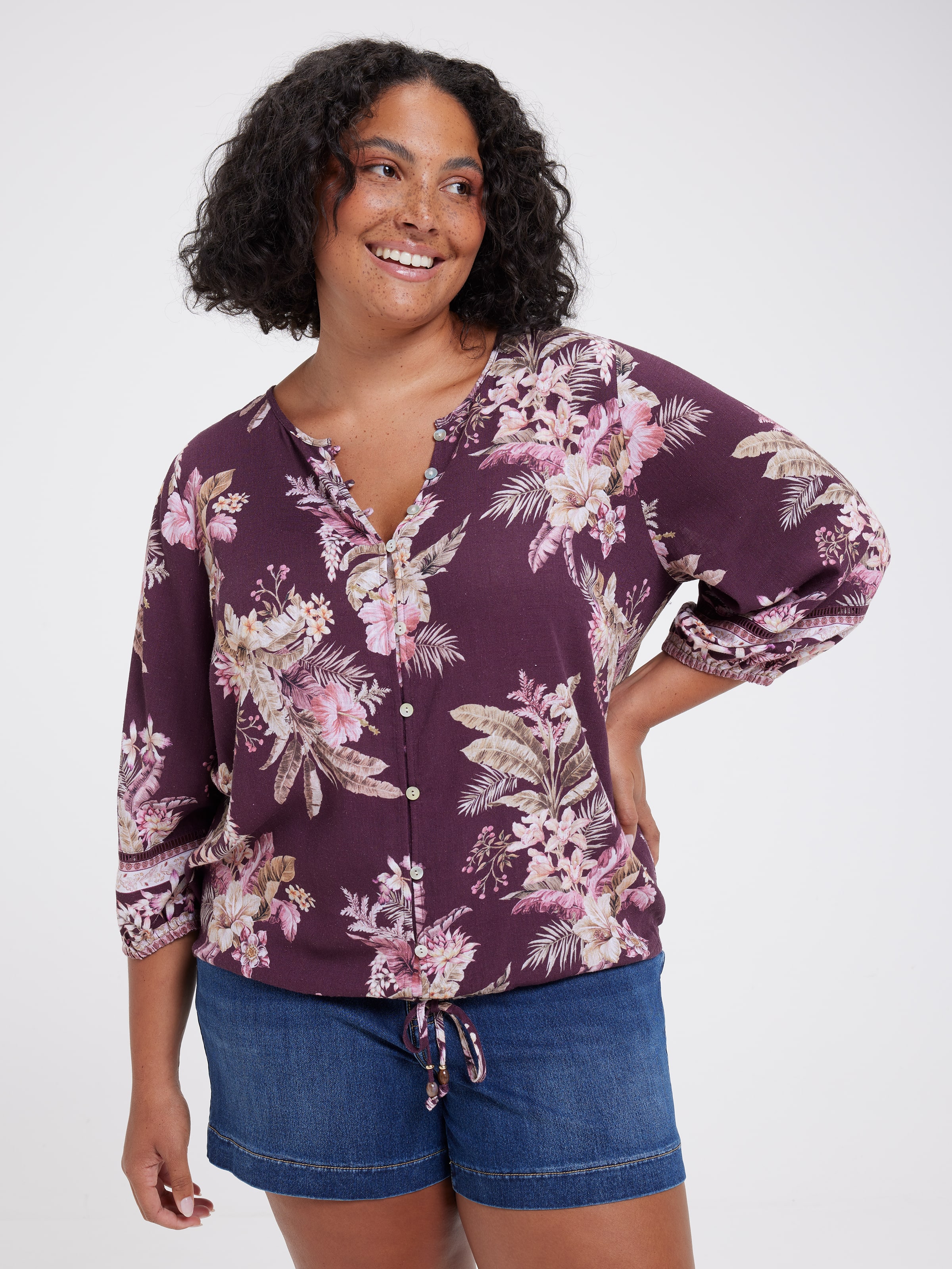 Curve Amelia Bubble Hem 3/4 Sleeve Top Botanical Tropical - Just Jeans ...
