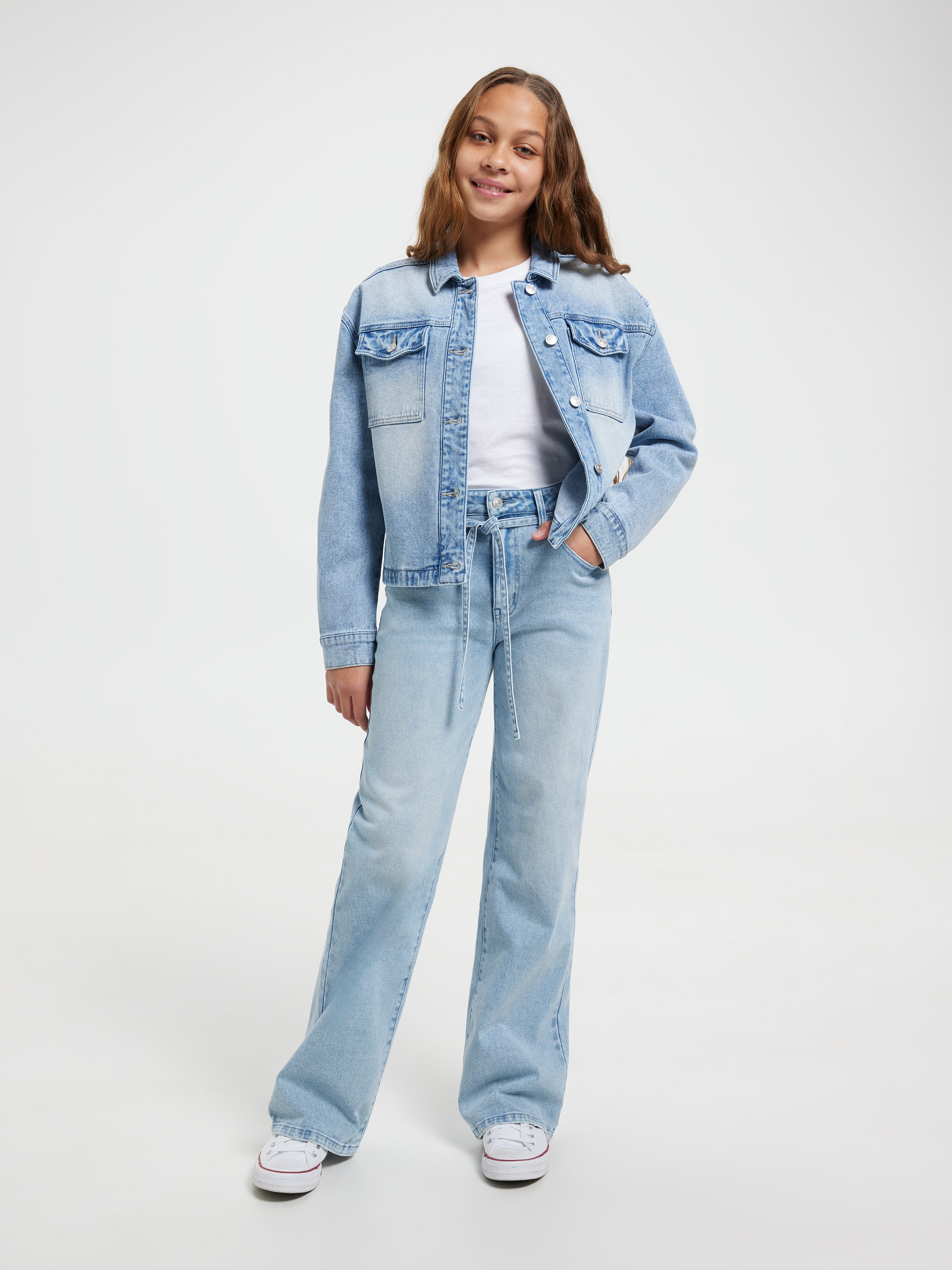 Girls Riley Tie Waist Wide Leg Bleach Blue - Just Jeans Online
