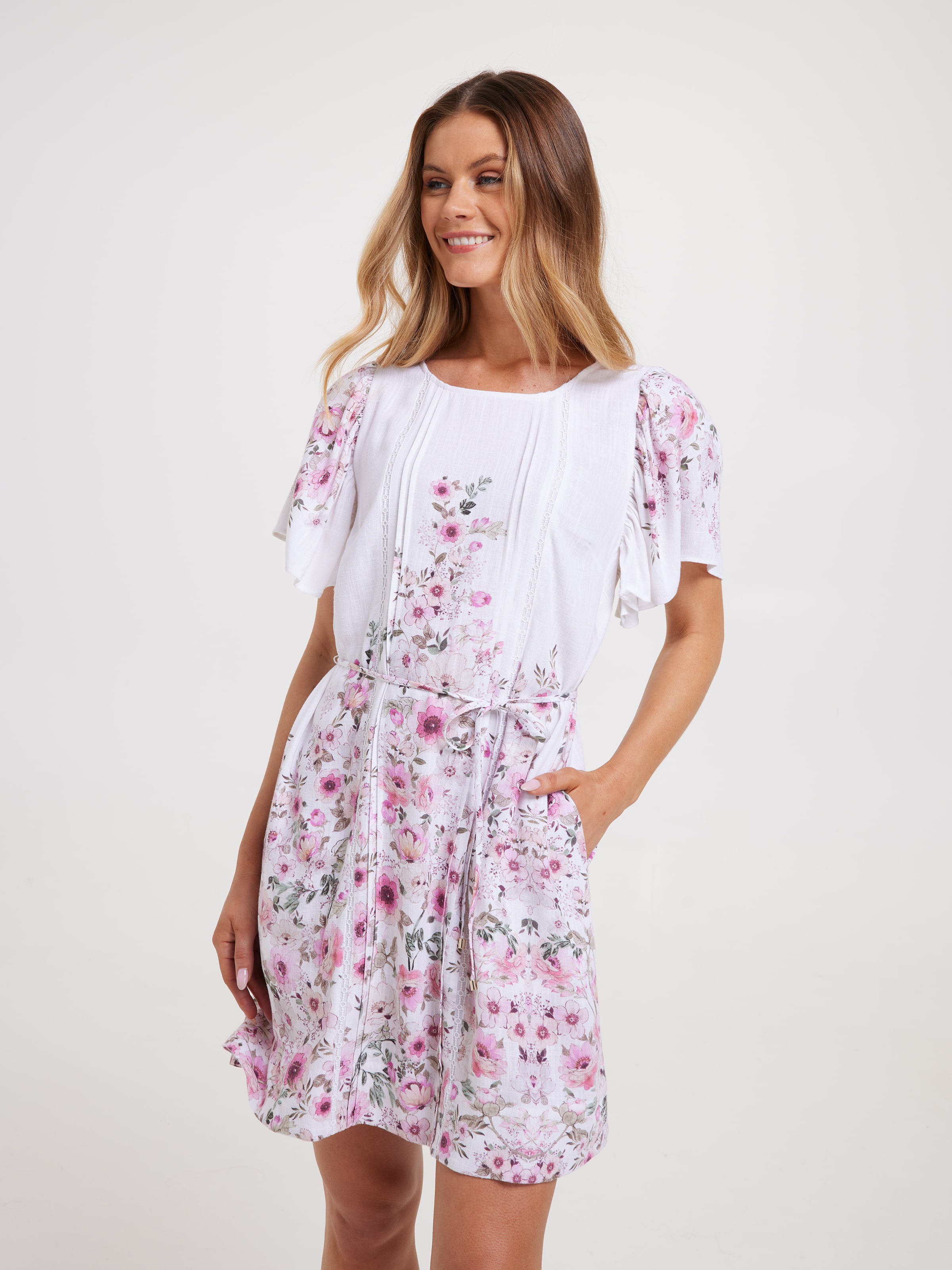 Zara Flutter Sleeve Dress Neutral Floral Placement - Just Jeans Online