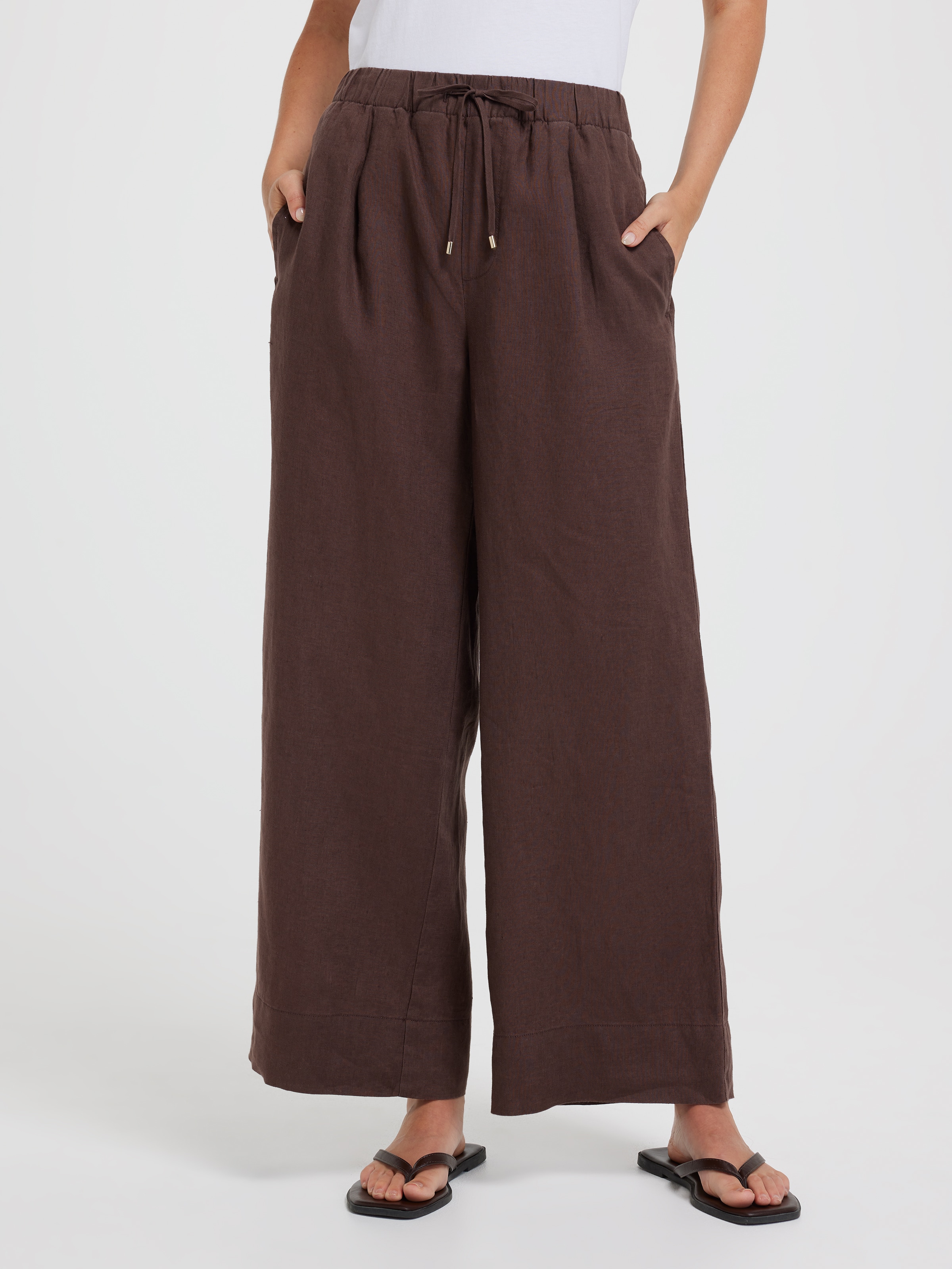 Linen High Rise Wide Leg Ankle Pant Hot Fudge - Just Jeans Online