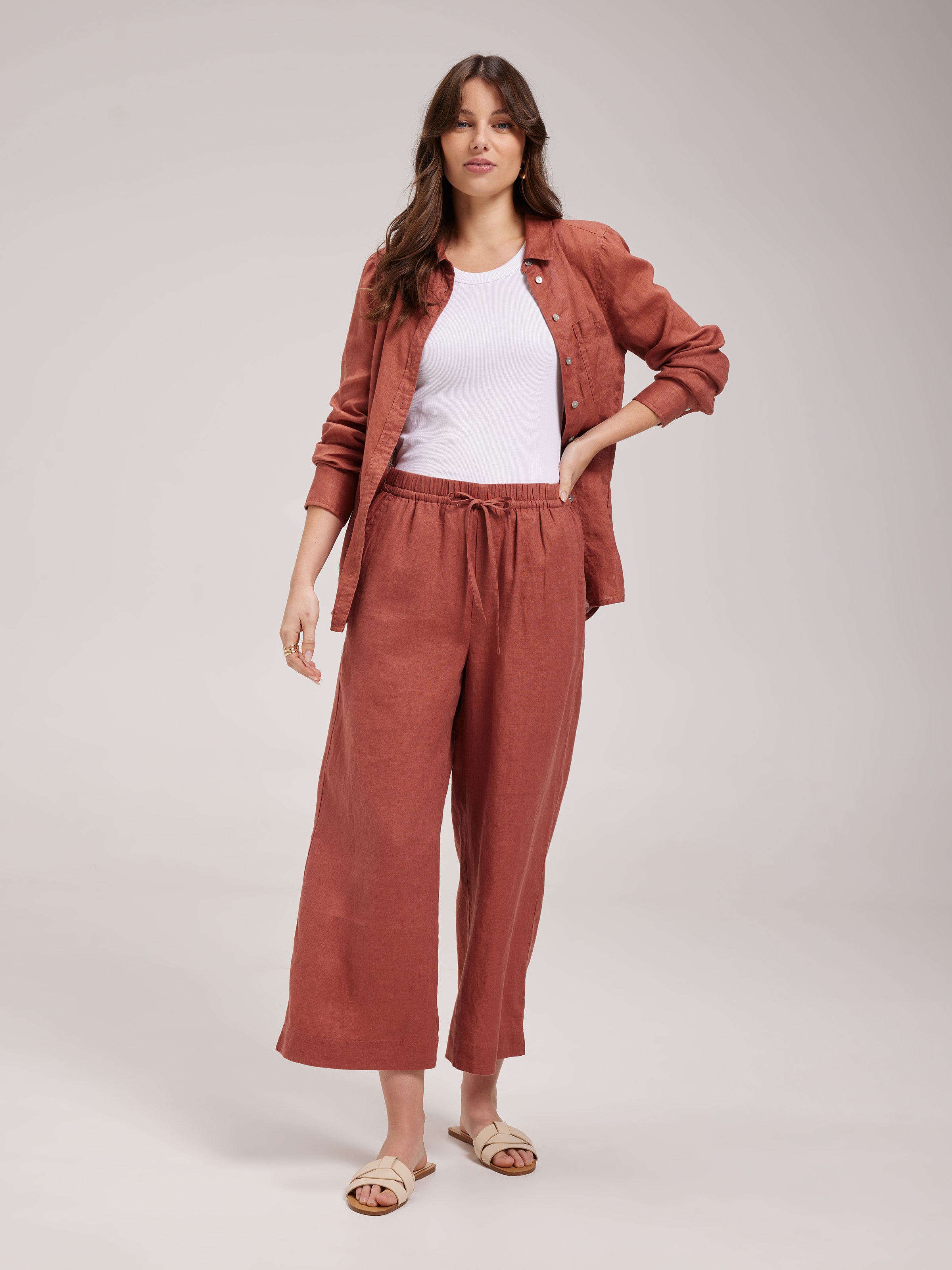 Demi Linen Wide Ankle Pant Terracotta - Just Jeans Online