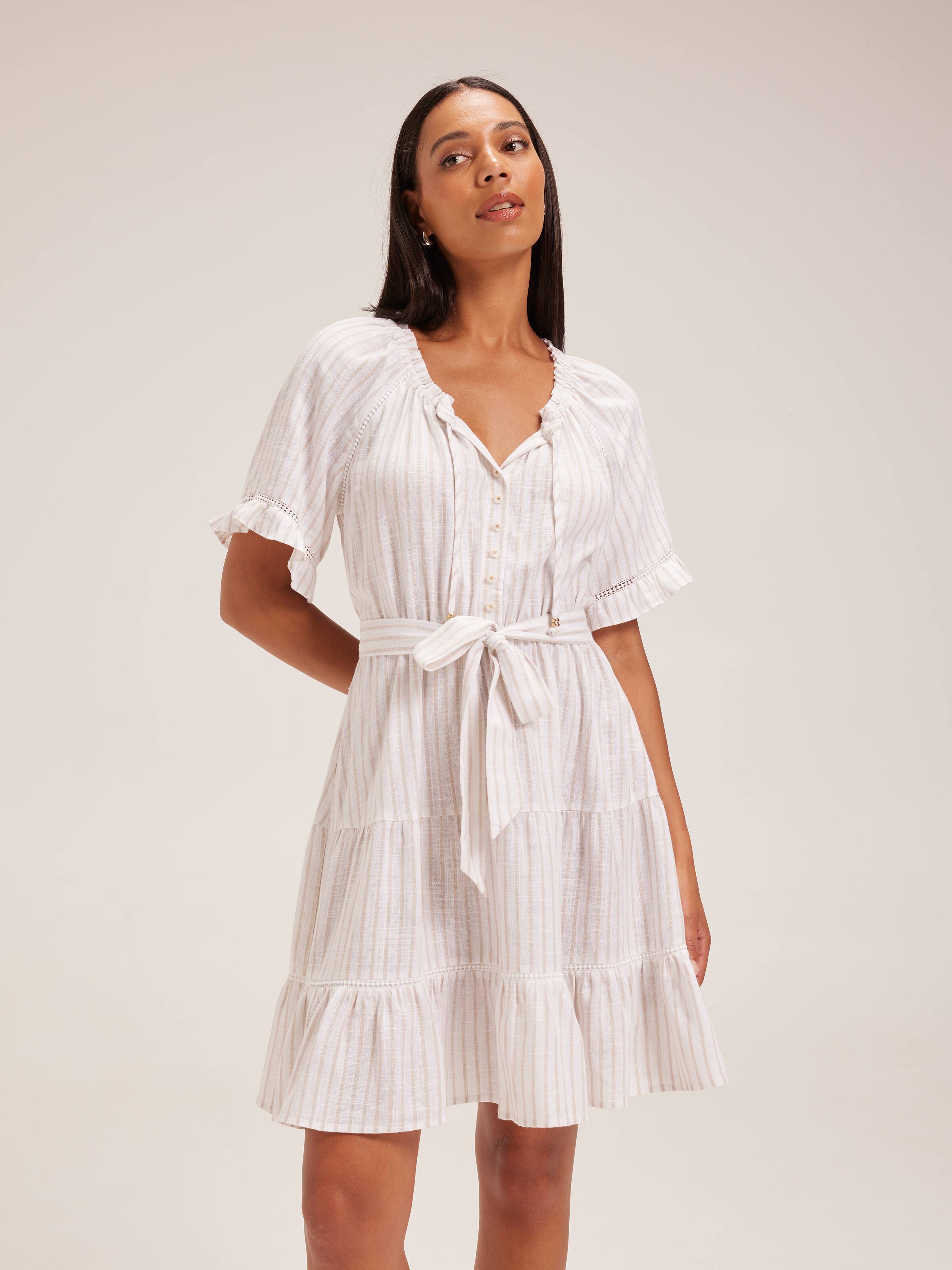 Hallie Day Dress Neutral Stripe - Just Jeans Online