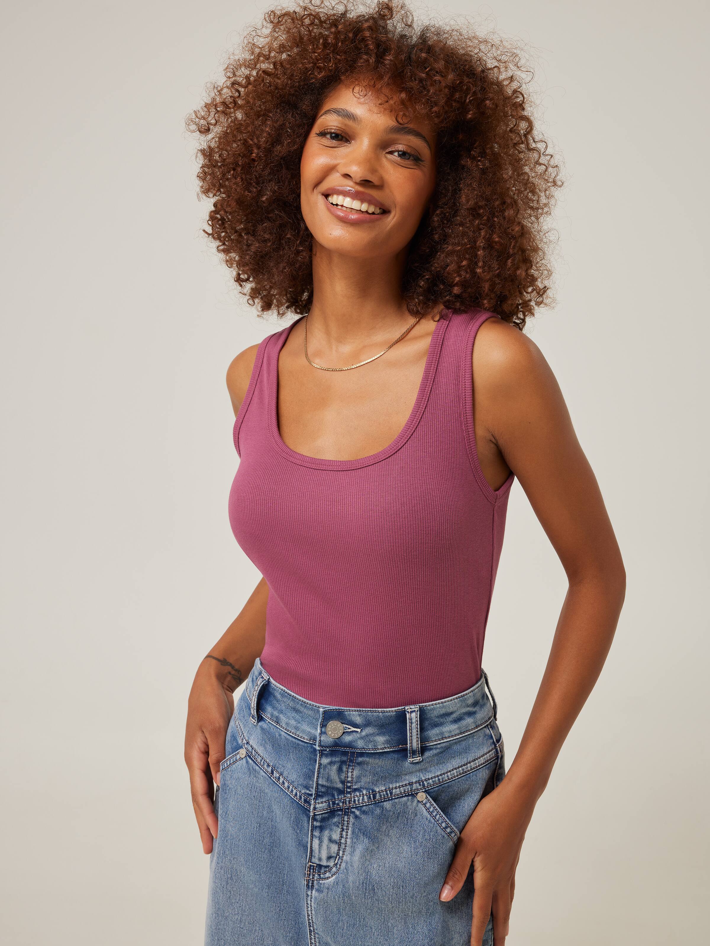 Kate Scoop Neck Rib Tank Deep Plum - Just Jeans Online