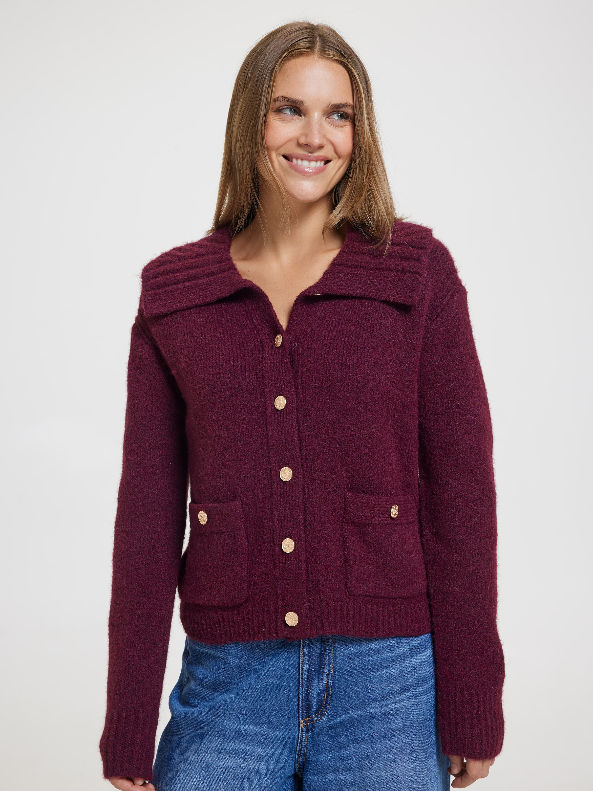 Haven Collared Detail Cardi Merlot - Just Jeans Online