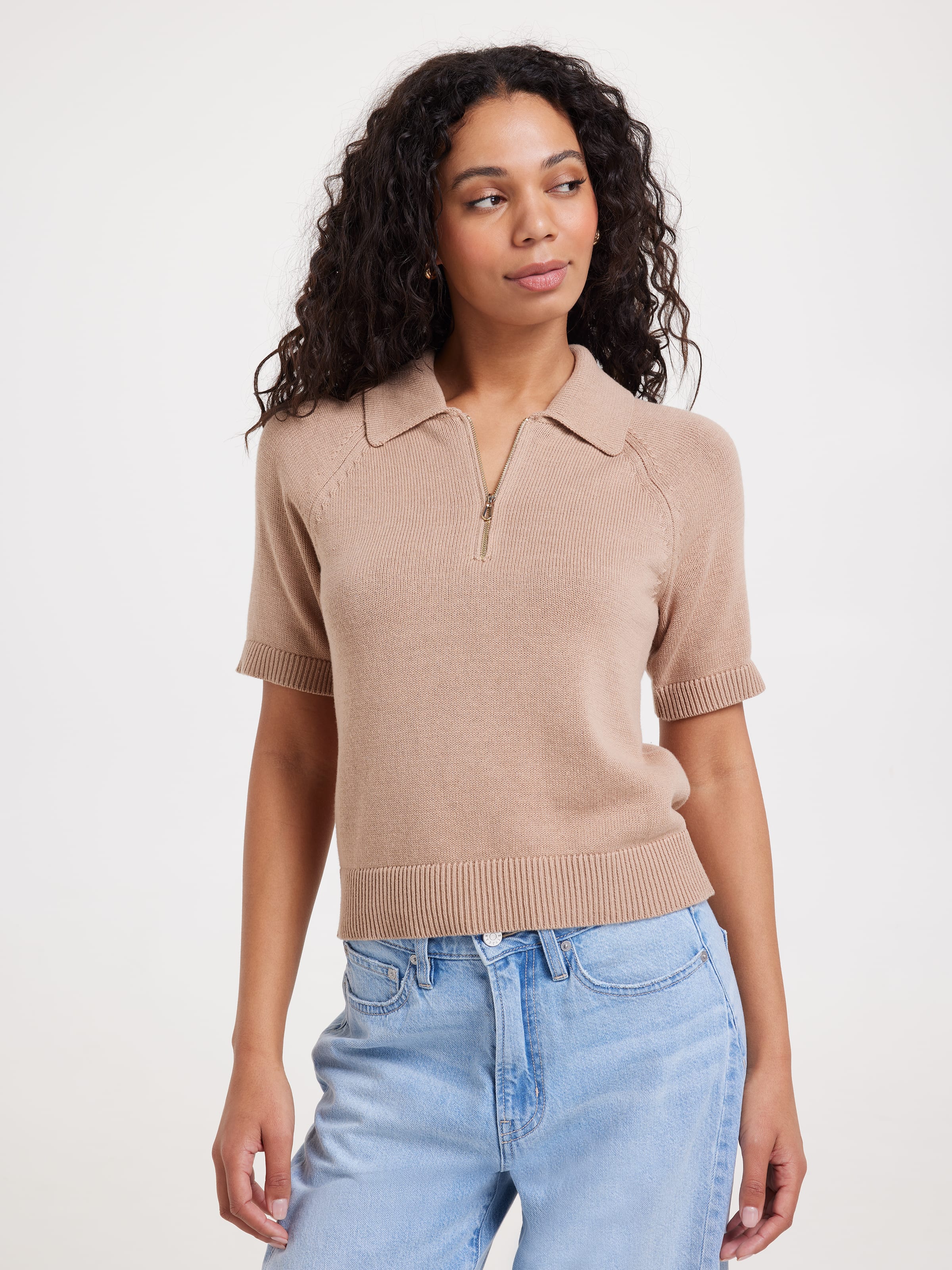 Bronte Short Sleeve Zip Neck Pullover Warm Oat - Just Jeans Online