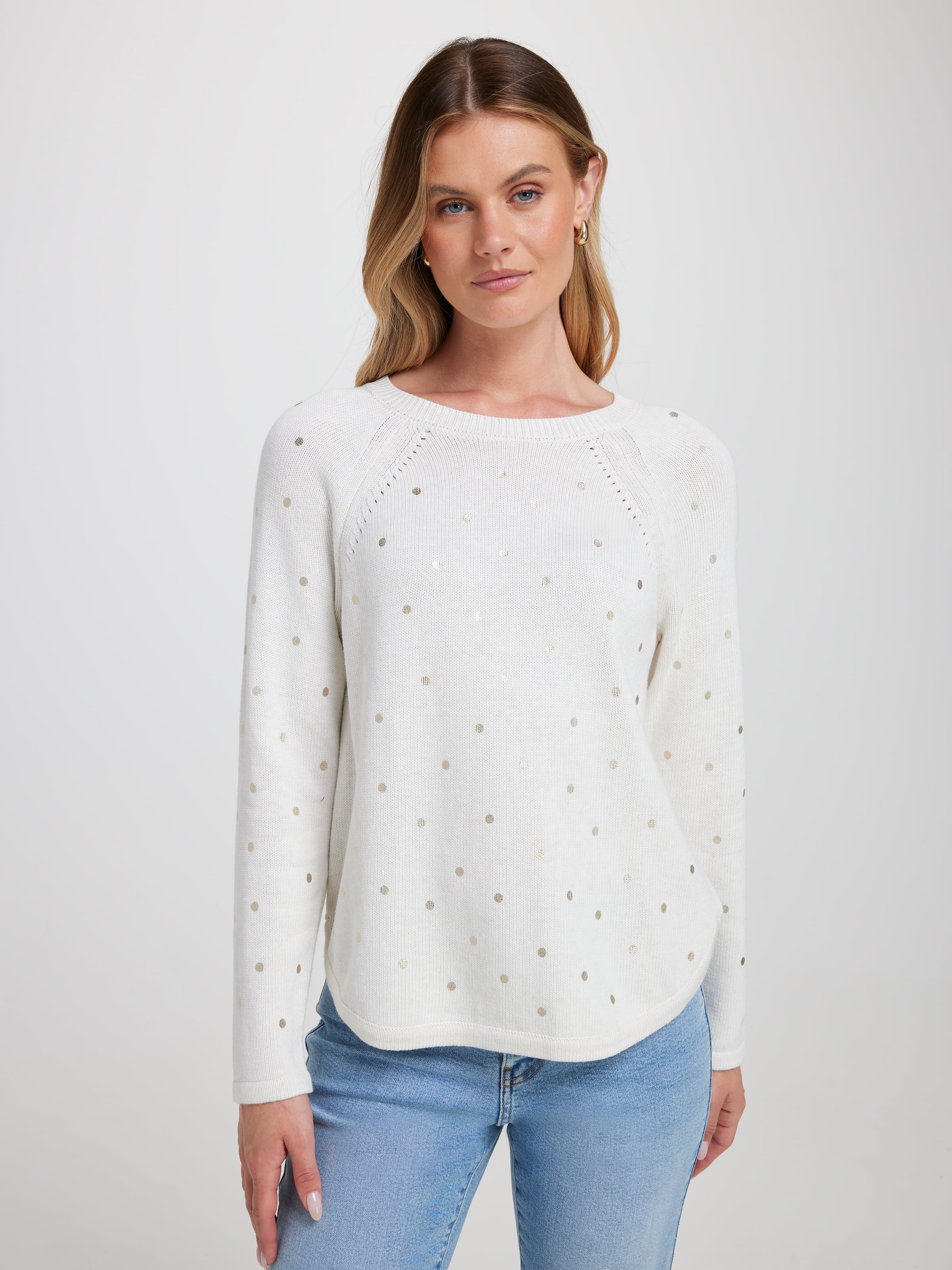 Millie Scoop Hem Pullover Cream Foil Spot - Just Jeans Online