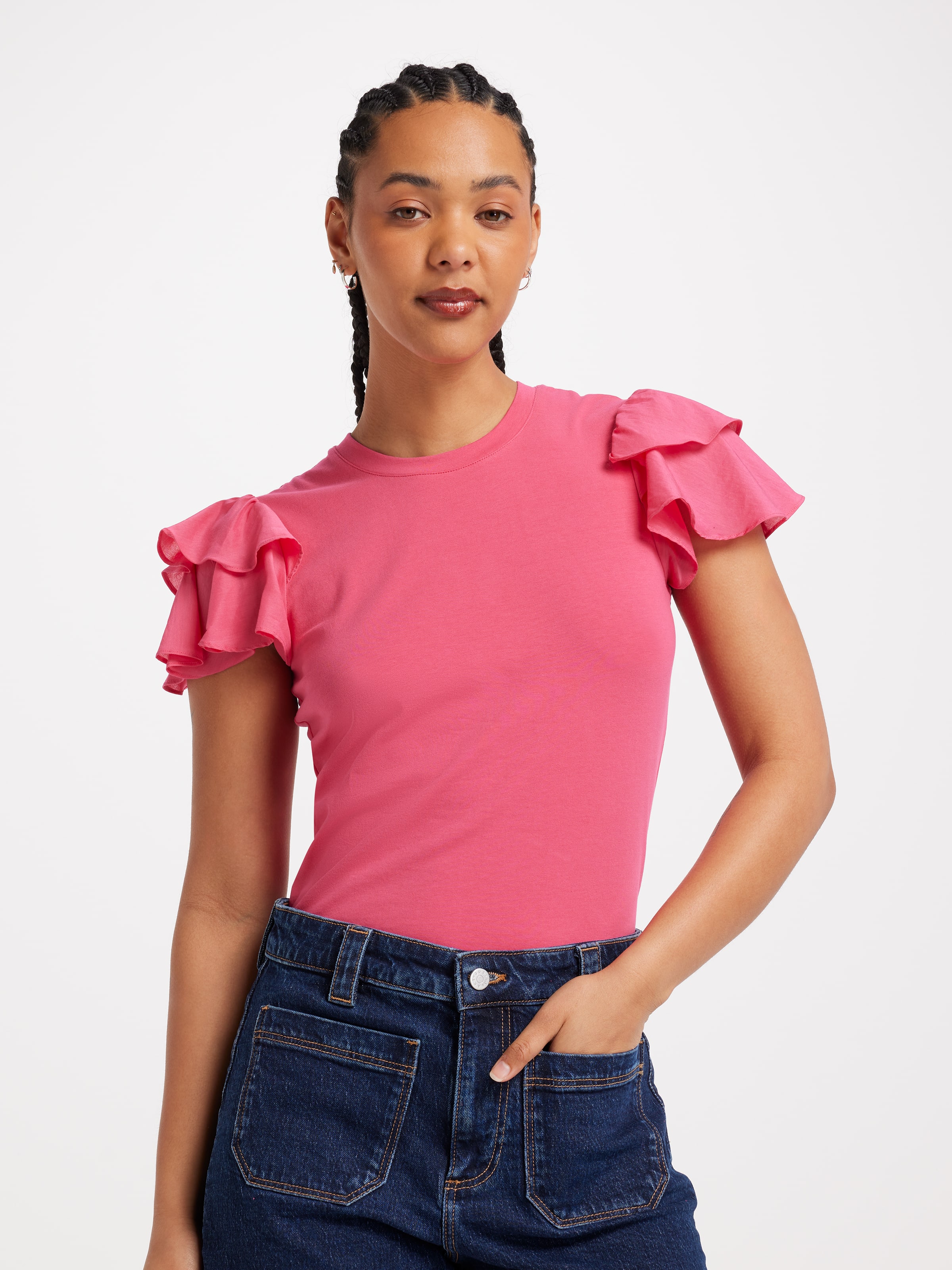 Hazel Double Flutter Top Punch Pink - Just Jeans Online