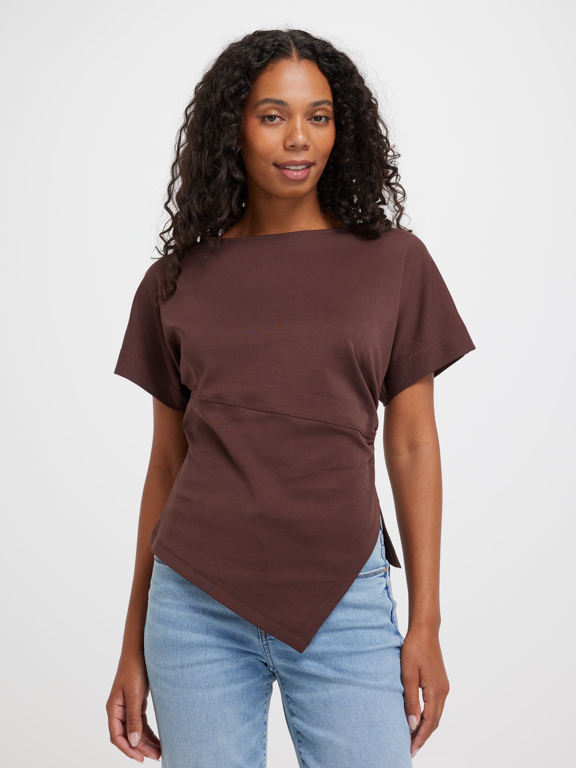 Freya Asymmetrical Side Gathered Top Cappuccino - Just Jeans Online