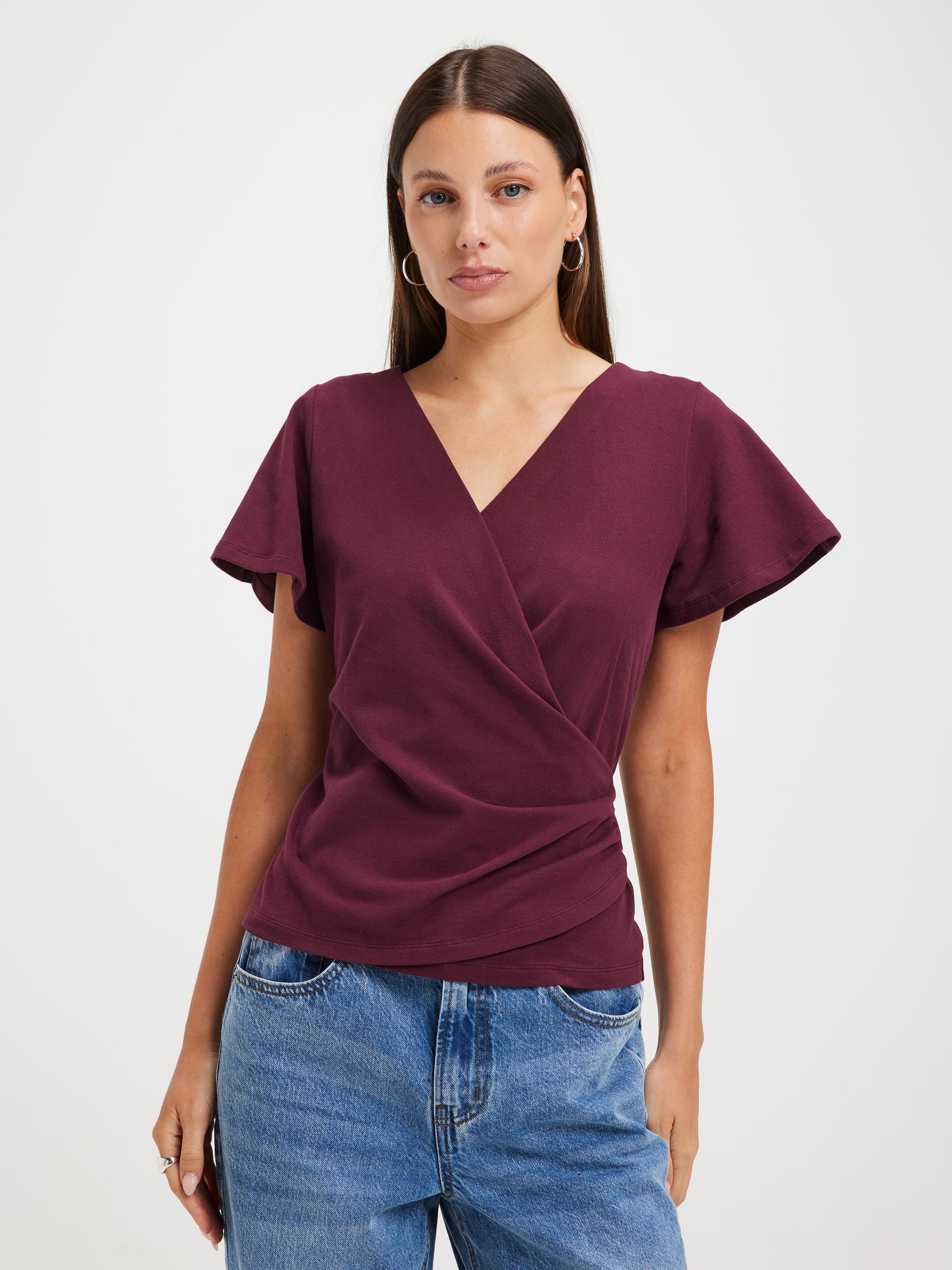 Jemma Flutter Sleeve Wrap Top - Just Jeans Online