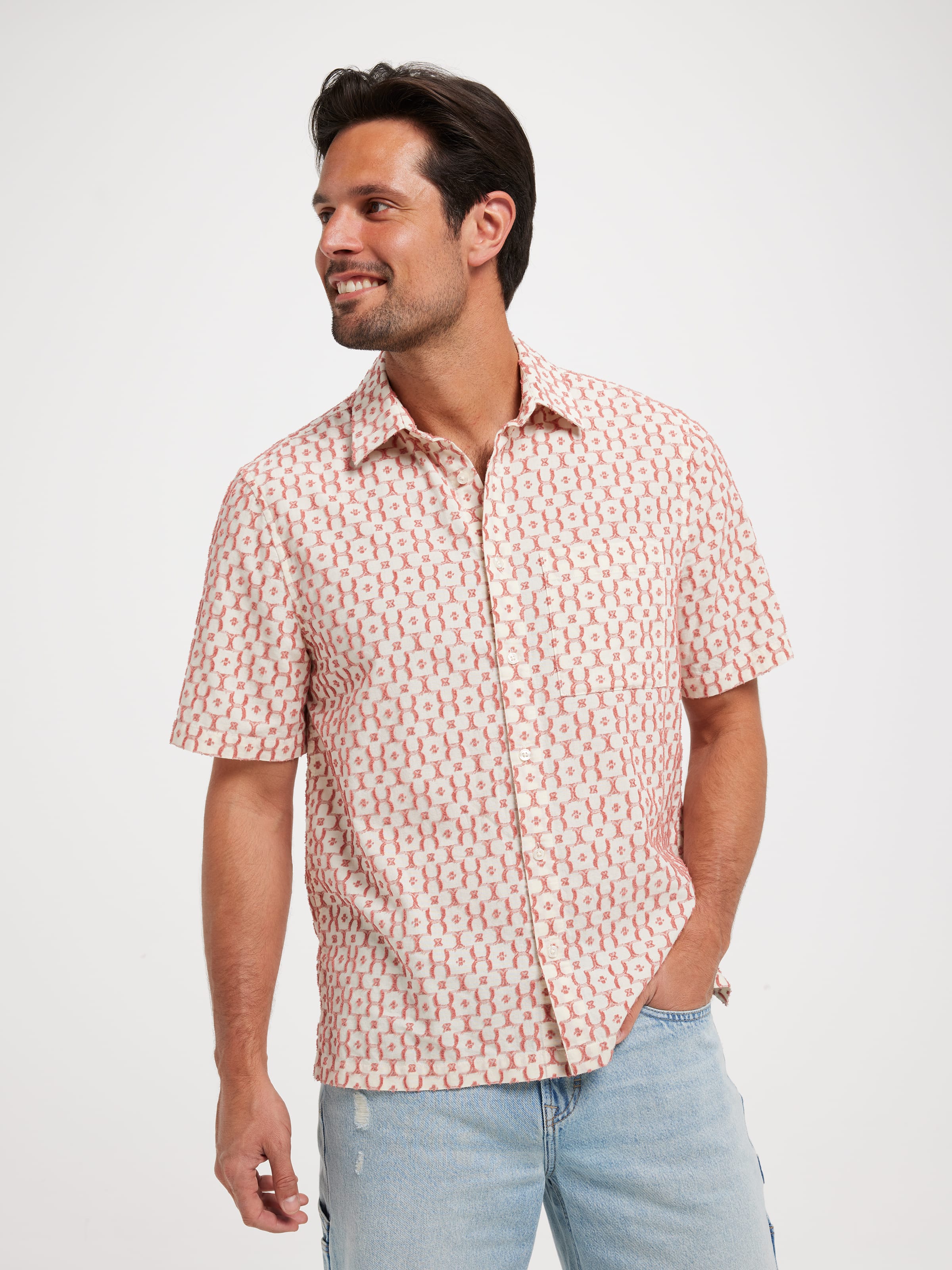 Short Sleeve Boxy Mosaic Dobby Dark Clay - Just Jeans Online