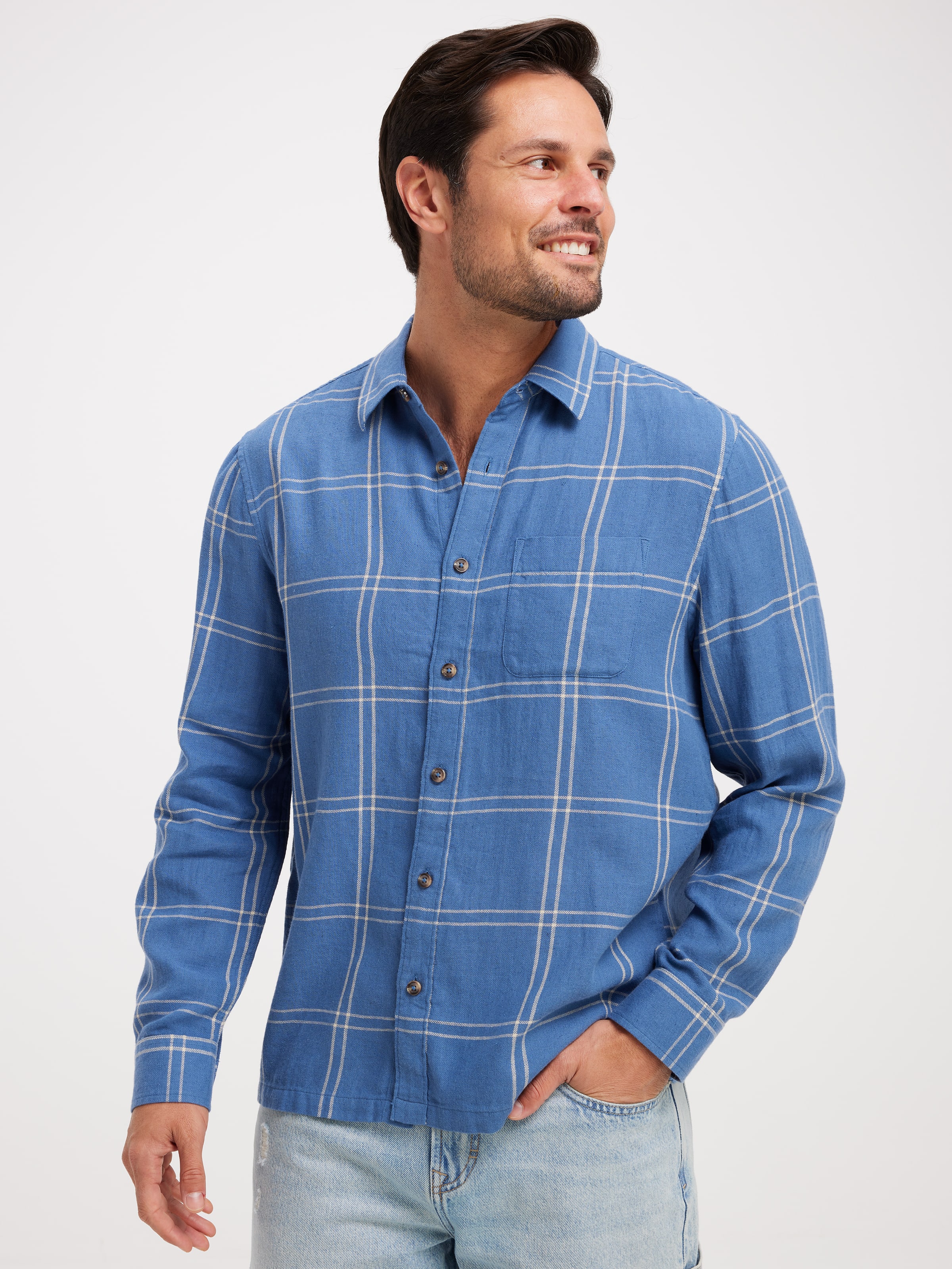Long Sleeve Relaxed Linen Blend Check Summer Blue - Just Jeans Online