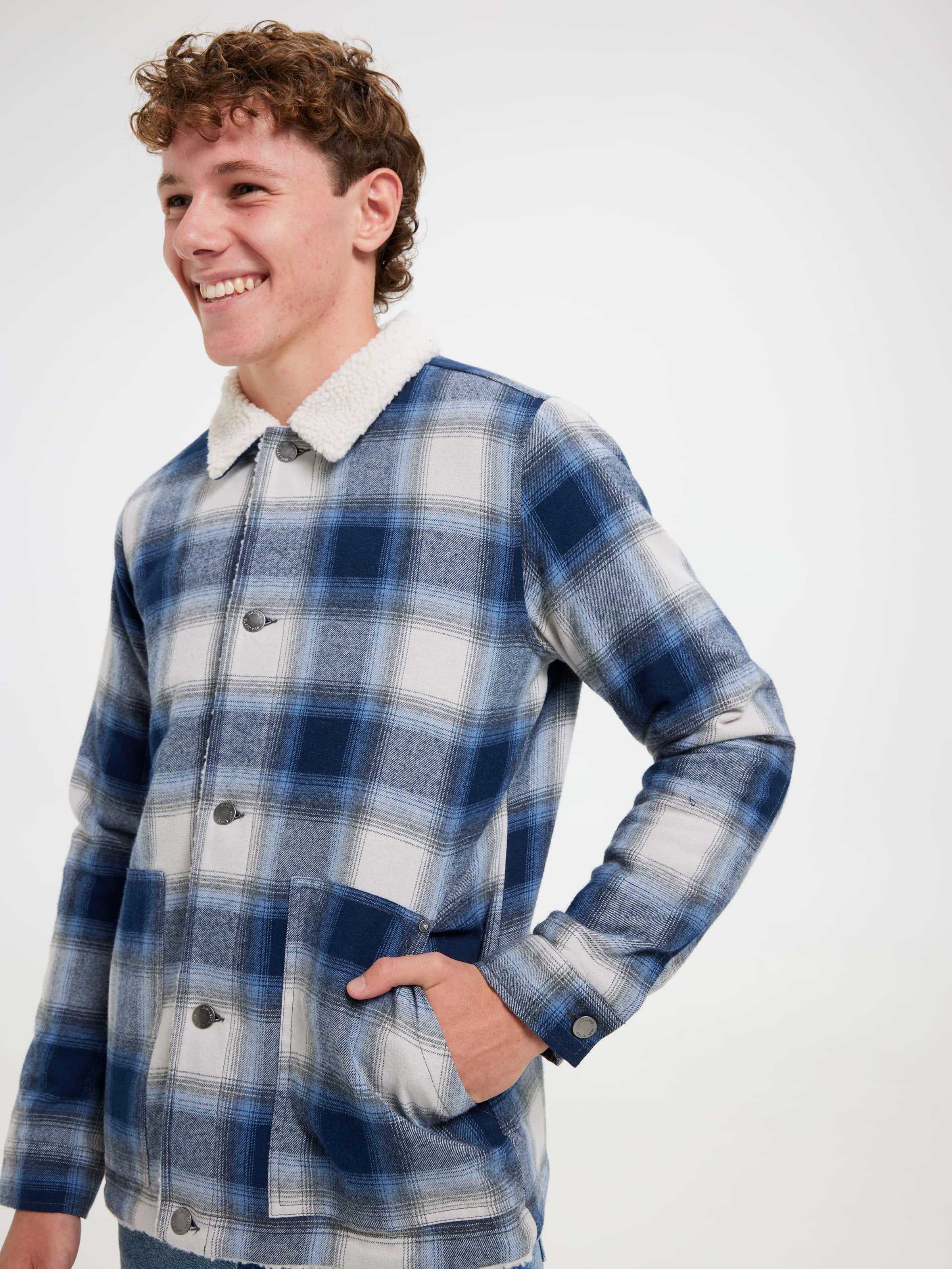 Boys Sherpa Shacket Navy Check - Just Jeans Online
