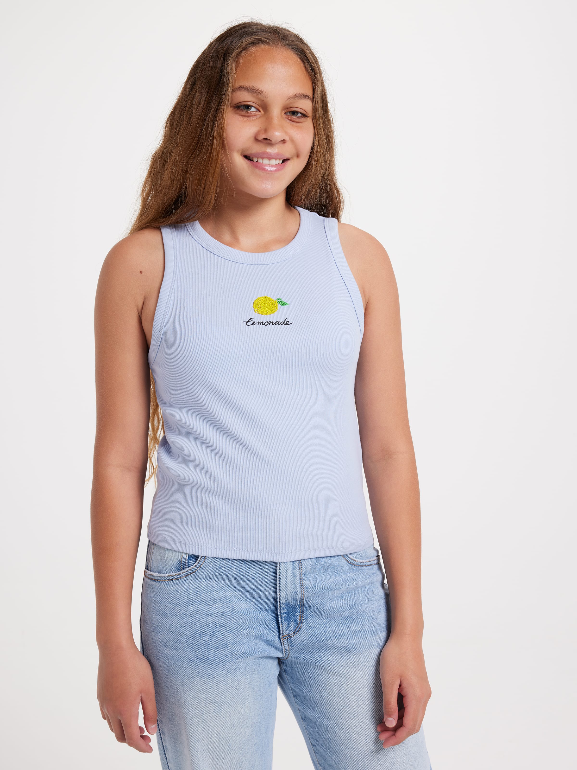 Girls Rebecca Rib Tank Blue Lemon - Just Jeans Online