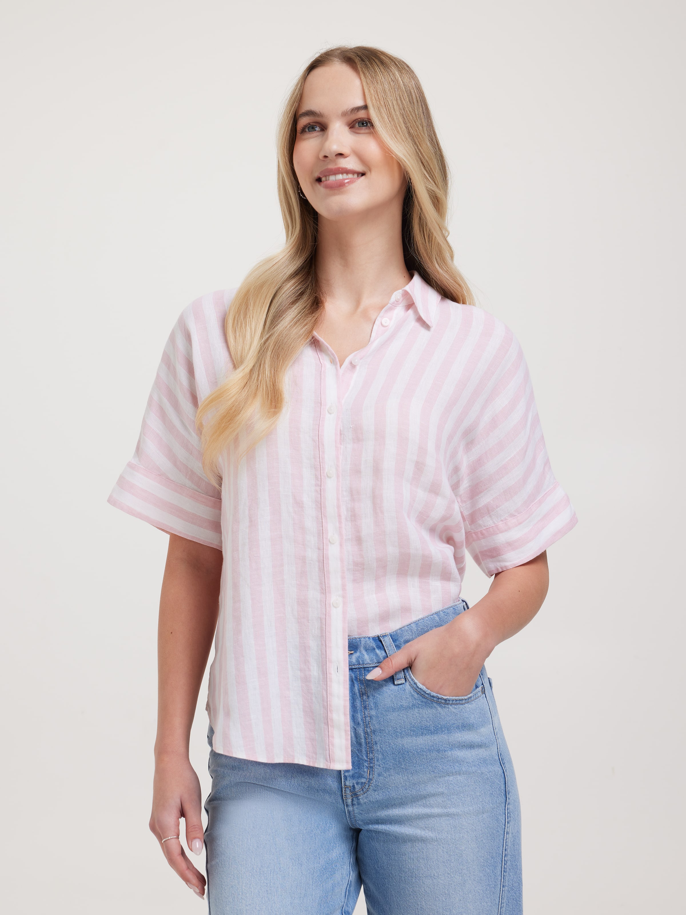 Leslee Short Sleeve Shirt Baby Pink Stripe - Just Jeans Online