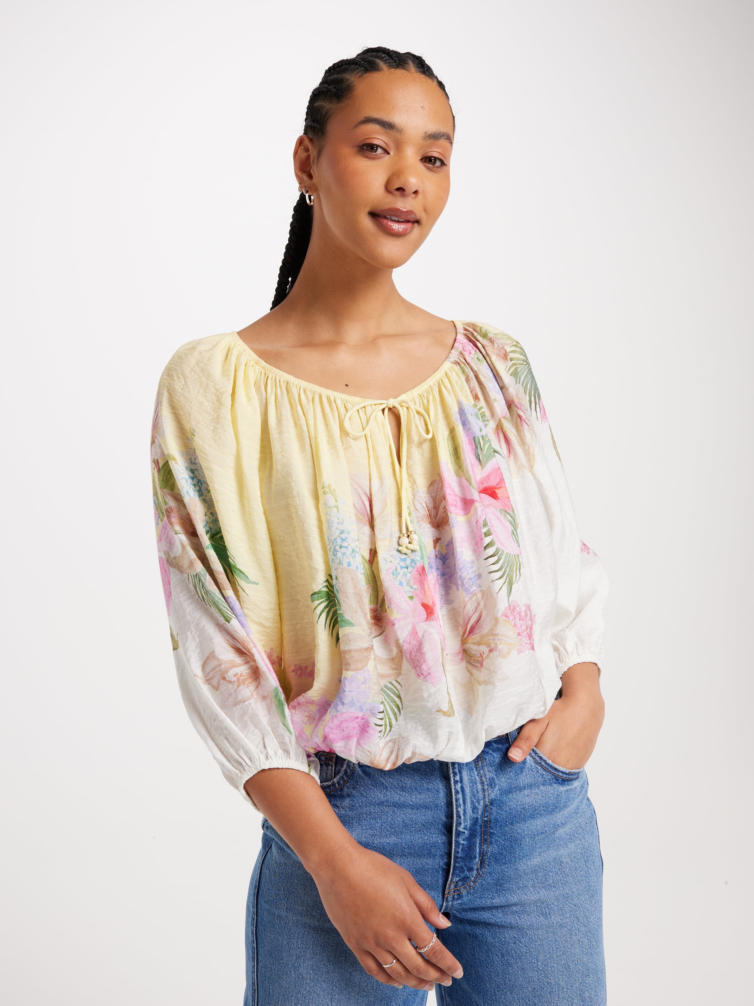 Effie Bubble Hem Blouse Pretty Placement Floral - Just Jeans Online