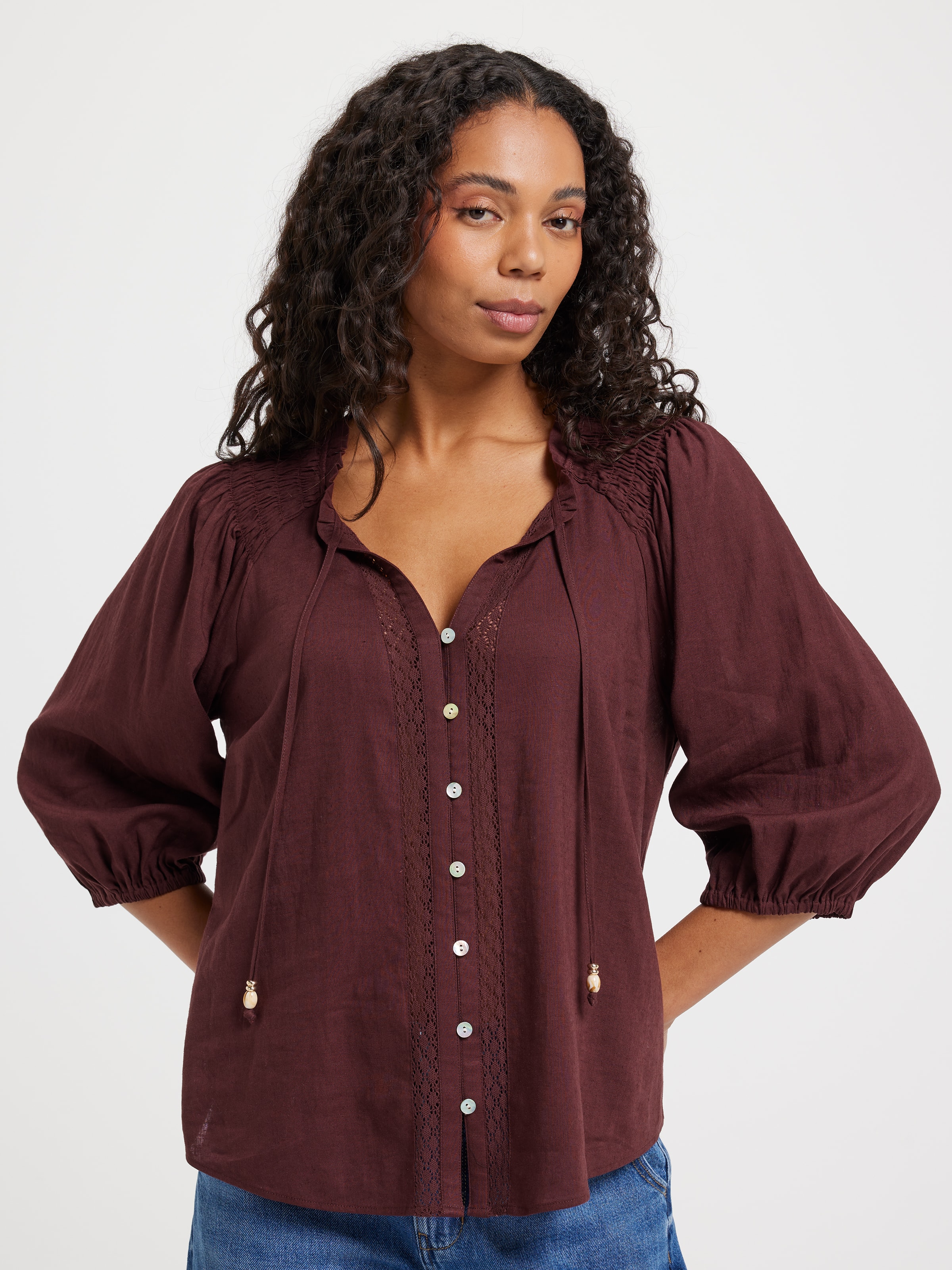 Luna Smock Shoulder 3/4 Sleeve Blouse Plum - Just Jeans Online