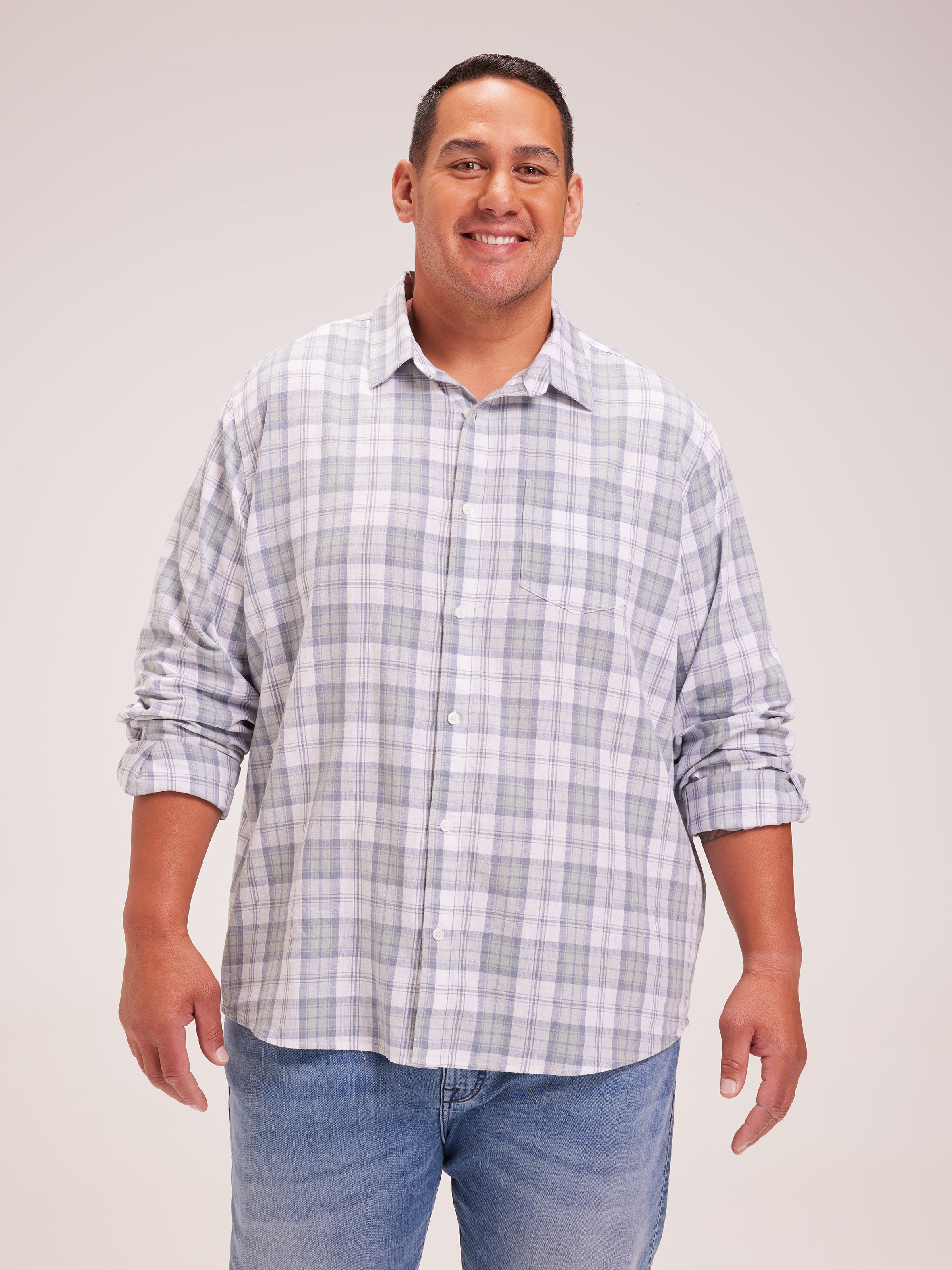 Extended Long Sleeve Linen Blend Check Shirt - Just Jeans Online