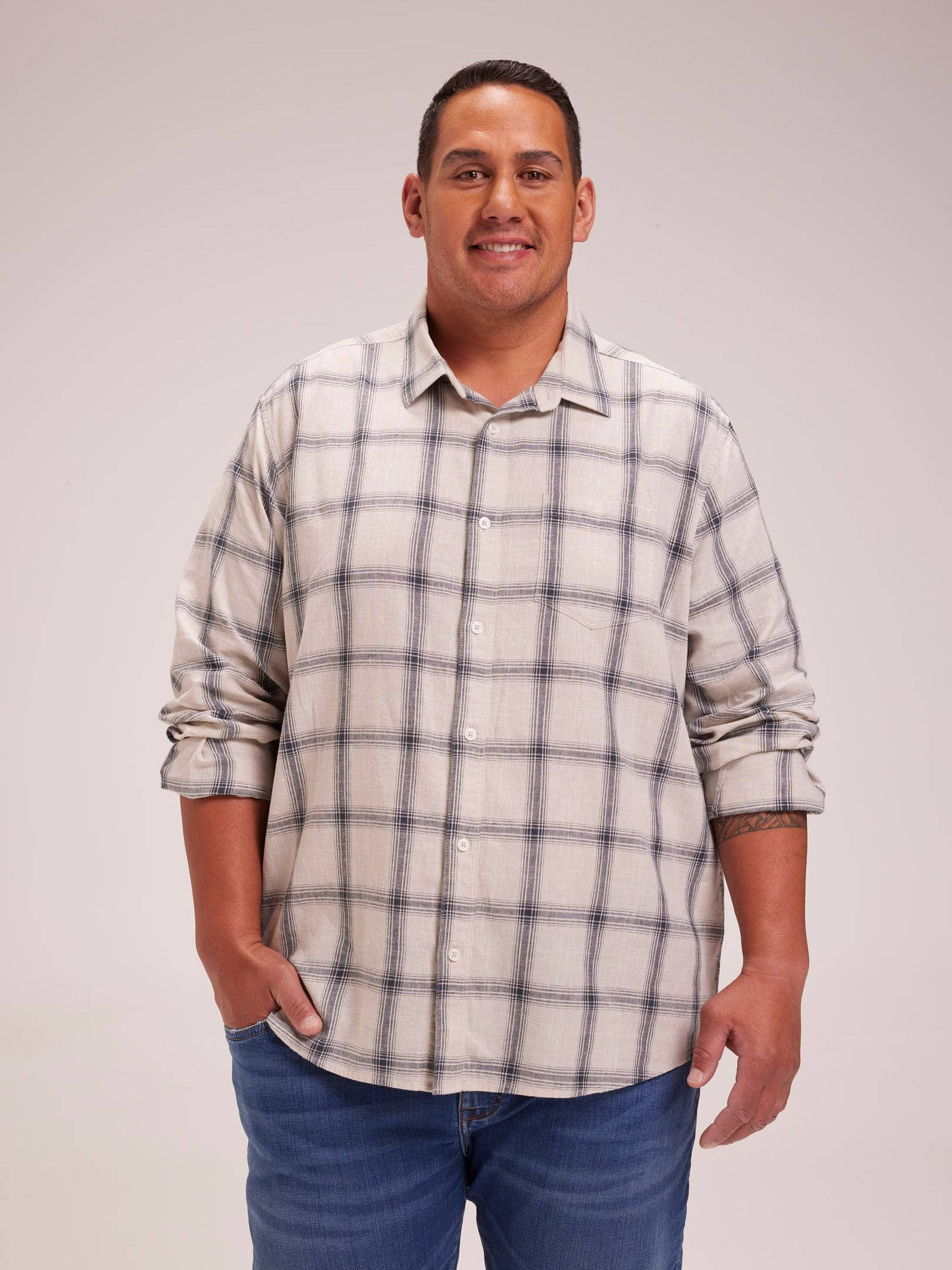 Extended Long Sleeve Linen Blend Check Shirt - Just Jeans Online